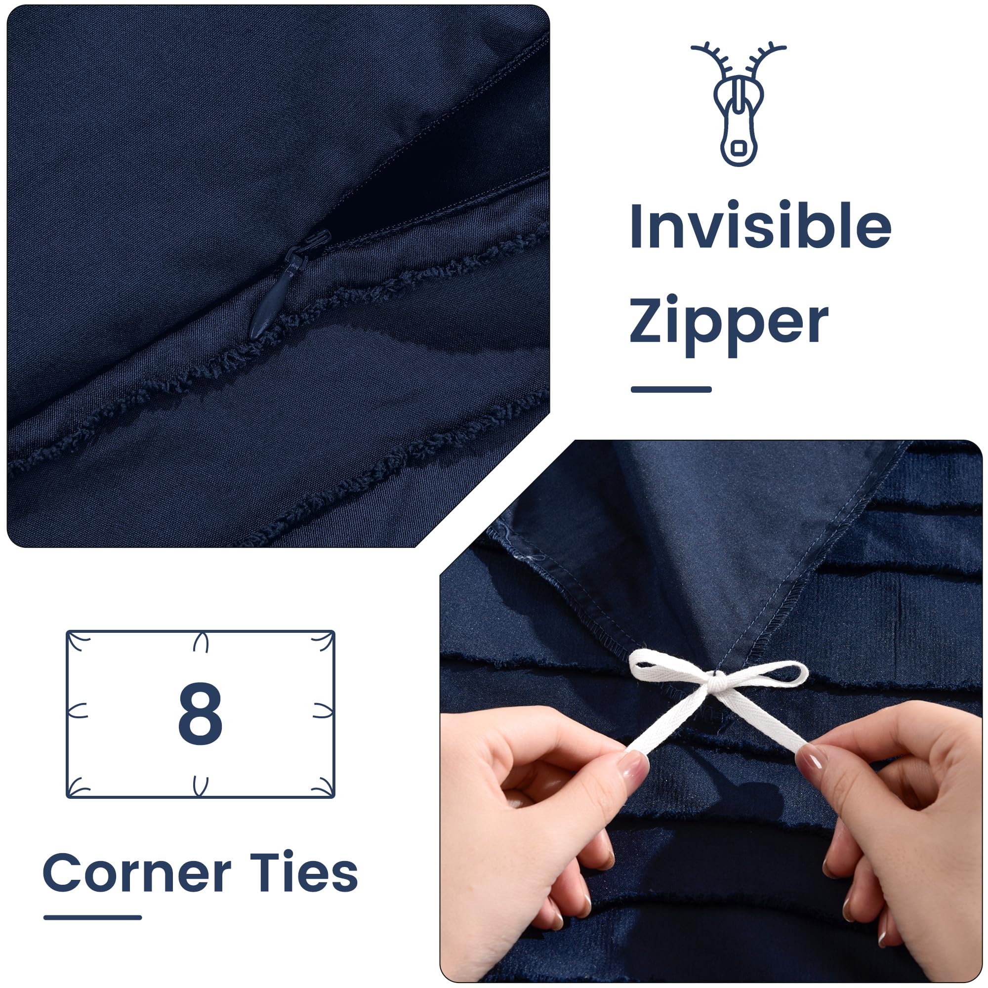 NEXHOME PRO Duvet Cover King Size, Navy 3 Pieces Boho Tufted Duvet Cover Set, Soft and Lightweight Microfiber Comforter Cover Set for All Season (Navy King, 104 x 90)-No Comforter