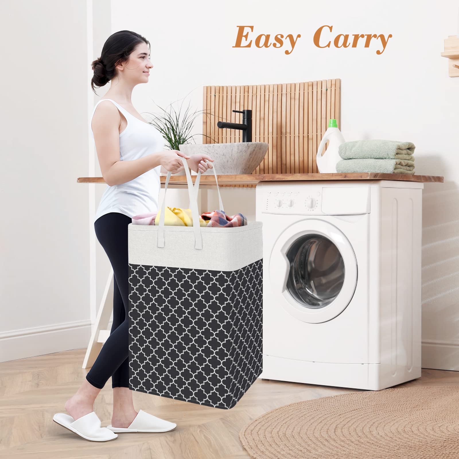 ToteTastic 3-Pack Laundry Basket, Freestanding&Waterproof Laundry Hamper, Collapsible Tall Clothes Hamper with Easy Carry Handles for Clothes, Towels&Toys in the Family and Dorm,Clover Black,100L
