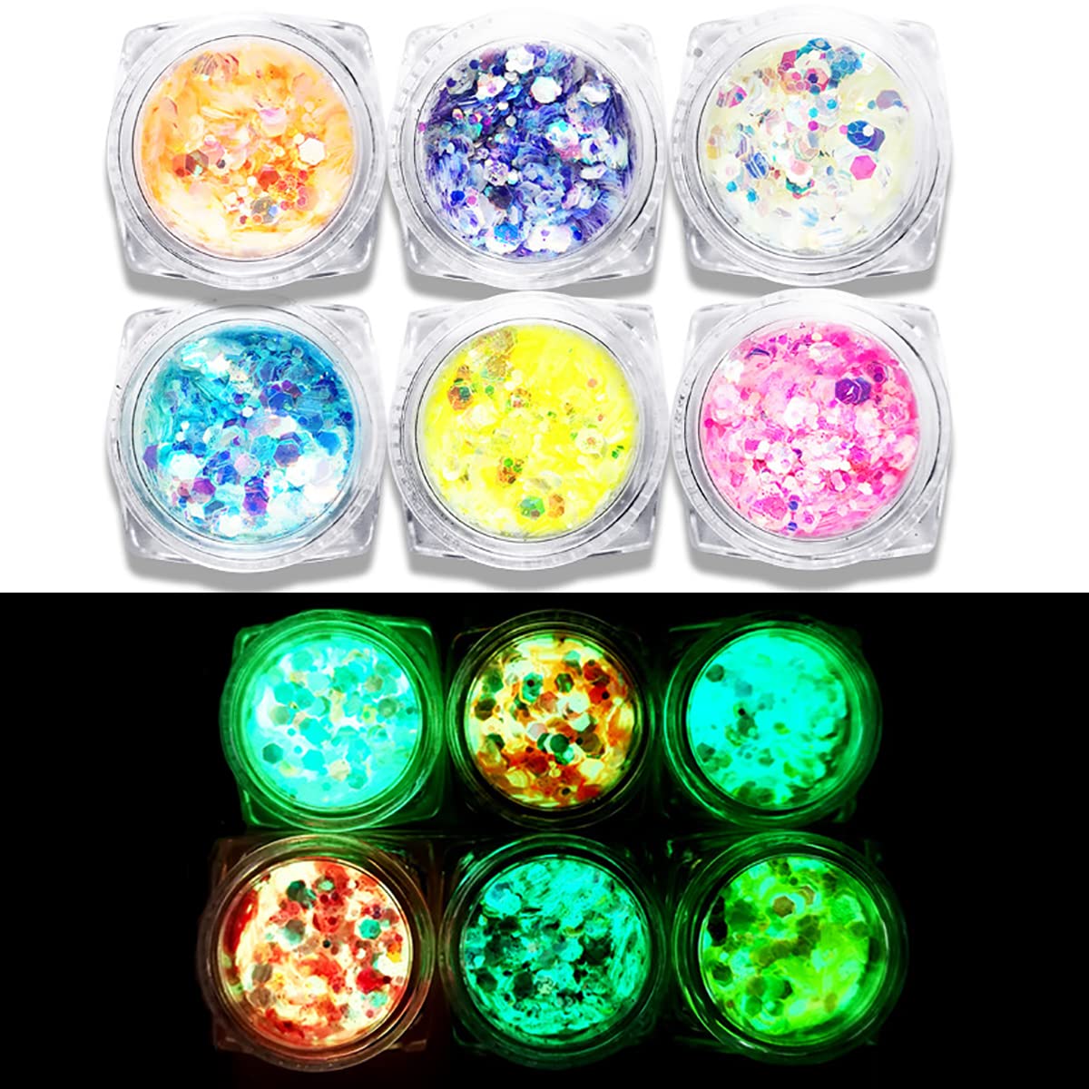Glow in The Dark Glitter, JEMESI 6 Color Luminous Iridescent Chunky Glitter, Cosmetic Craft Glitter Set for Epoxy Resin, Body, Face, Nail, Craft and Festival Party Decoratio