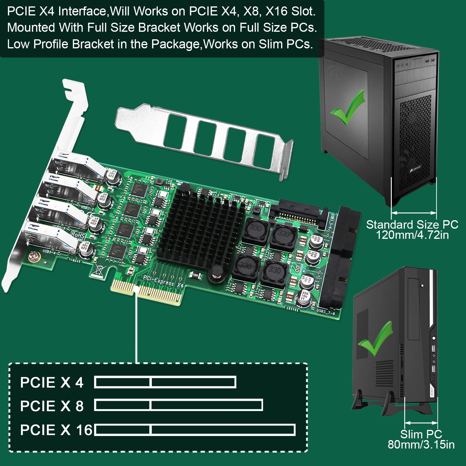 FebSmart 8-Ports PCIE Superspeed 5Gbps USB 3.0 Card for Windows and Linux Desktop PCs, 4X Dedicated 5Gbps USB 3.0 Channel 20Gbps Bandwidth, Built in FebSmart Self-Powered Technology (FS-4C-U8S-Pro)