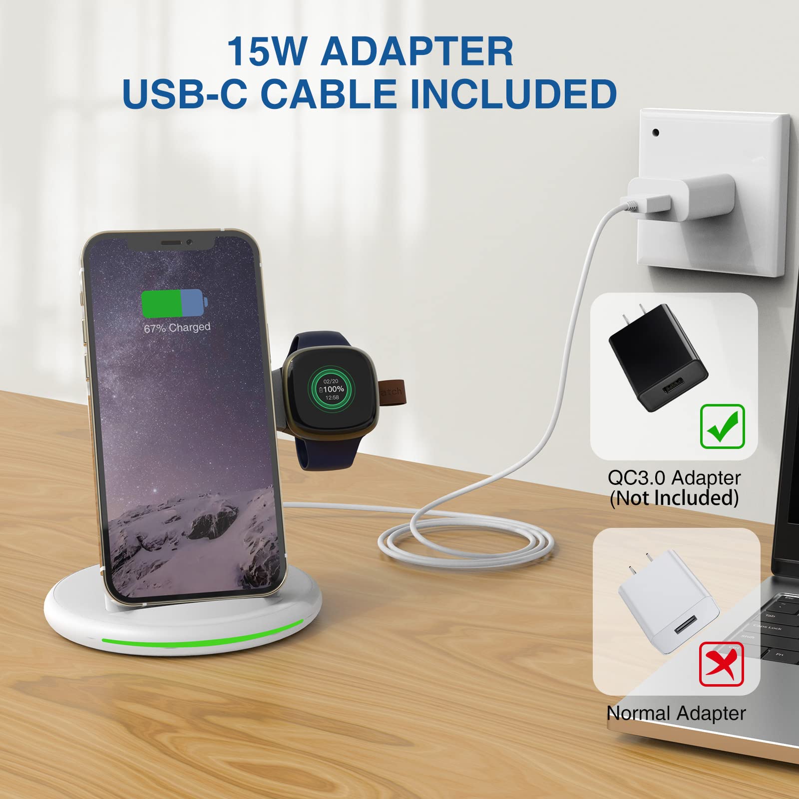 KOJACMUR 3 in 1 Magnetic Wireless Charger, Charge for Fitbit Sense 2/Sense/Versa 3/Versa 4, Charger Stand Wireless Charging Station for iPhone 14 13 12 Pro/Max/Mini,AirPods Pro/3/2 (White A)