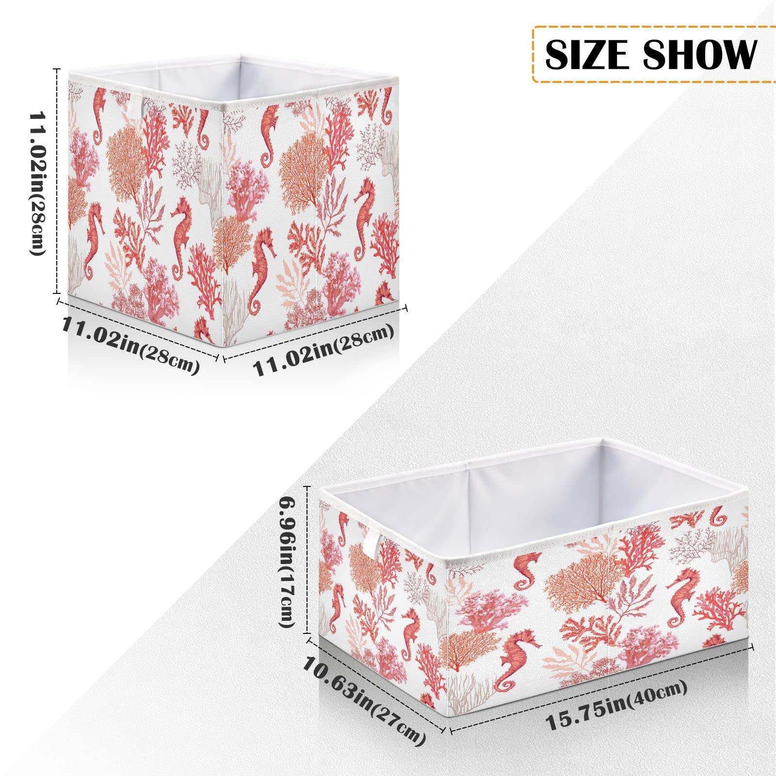 Kigai Coral Seahorse Storage Bins Rectangular Foldable Storage Baskets Bin Waterproof Home Organizer with Handles Basket for Toy Nursery Blanket Clothes, 15.8x10.6x7 Inch