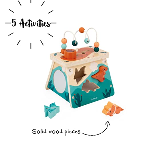 Janod Dino - Dinosaur Shape Sorter Wood Multi-Activity Volcano - 5 Activities in One - Ages 12 Months- 3 Years - J05827