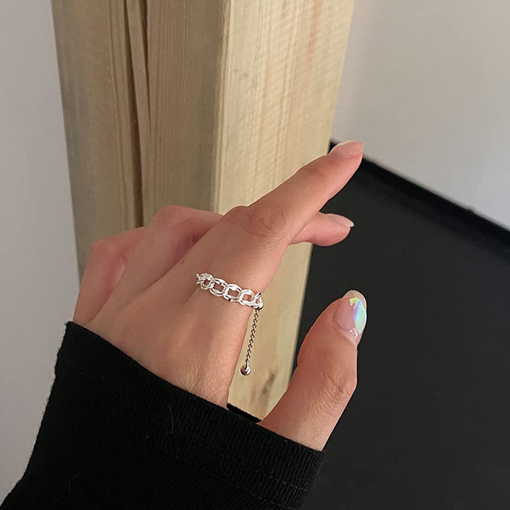 Izpack Unique Link Chain Knuckle Stacking Rings S925 Sterling Silver Adjustable with Dangling Ball Minimalist Finger Statement Ring Eternity Promise Band Cute Jewelry Gifts Bithday