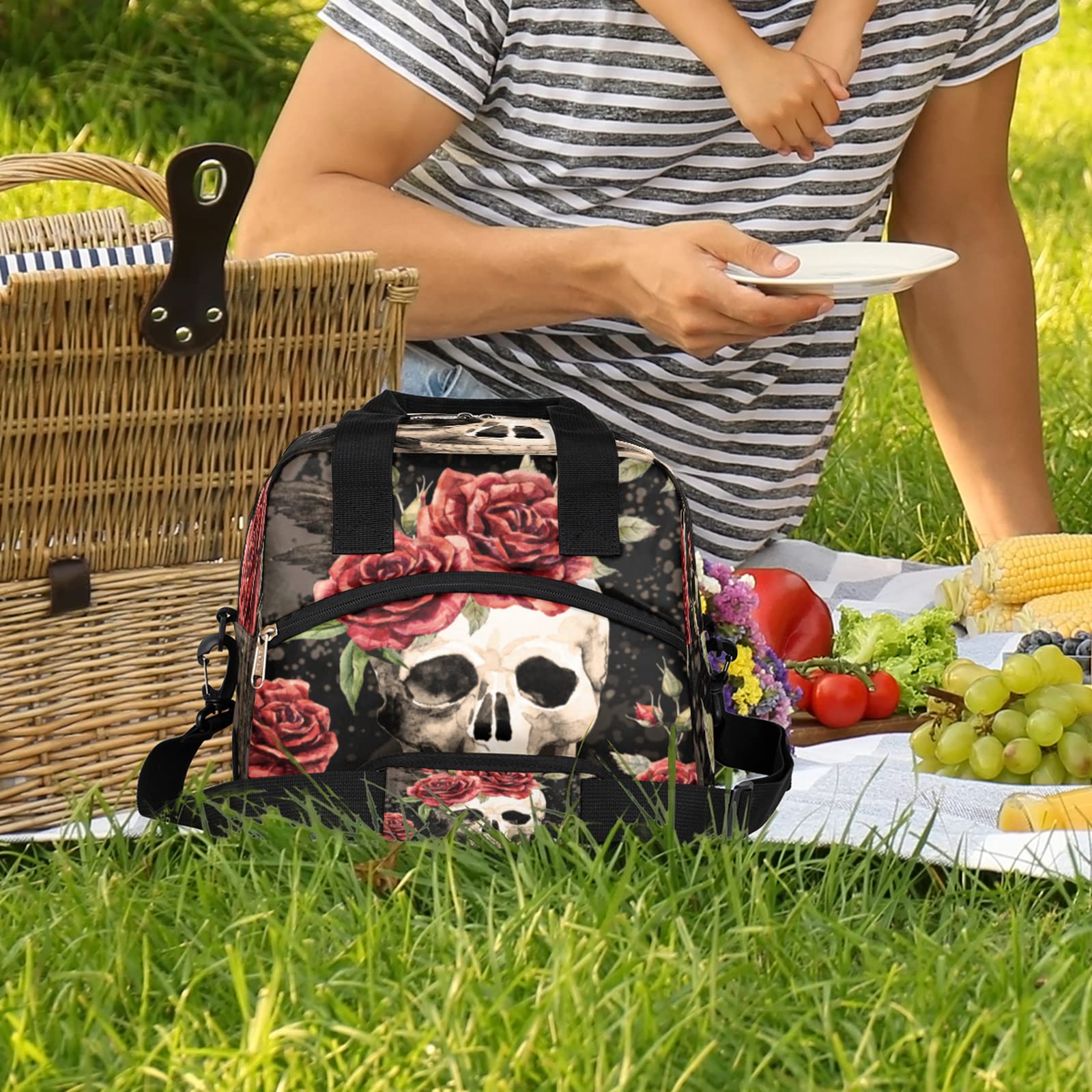 Gothic Sugar Skull Red Rose Lunch Bag Adjustable Shoulder Strap Cooler Bag Reusable Zipper Insulated Lunch Tote Bag for Work Picnic Camping School