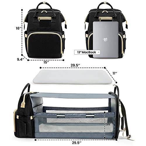 Kompoll Diaper Bag Backpack, Multifunction Waterproof Large Travel Baby Changing Bags Back Pack for Dad/Mom, Stuff Organizer Backpack with Station, Registry Search (Black)