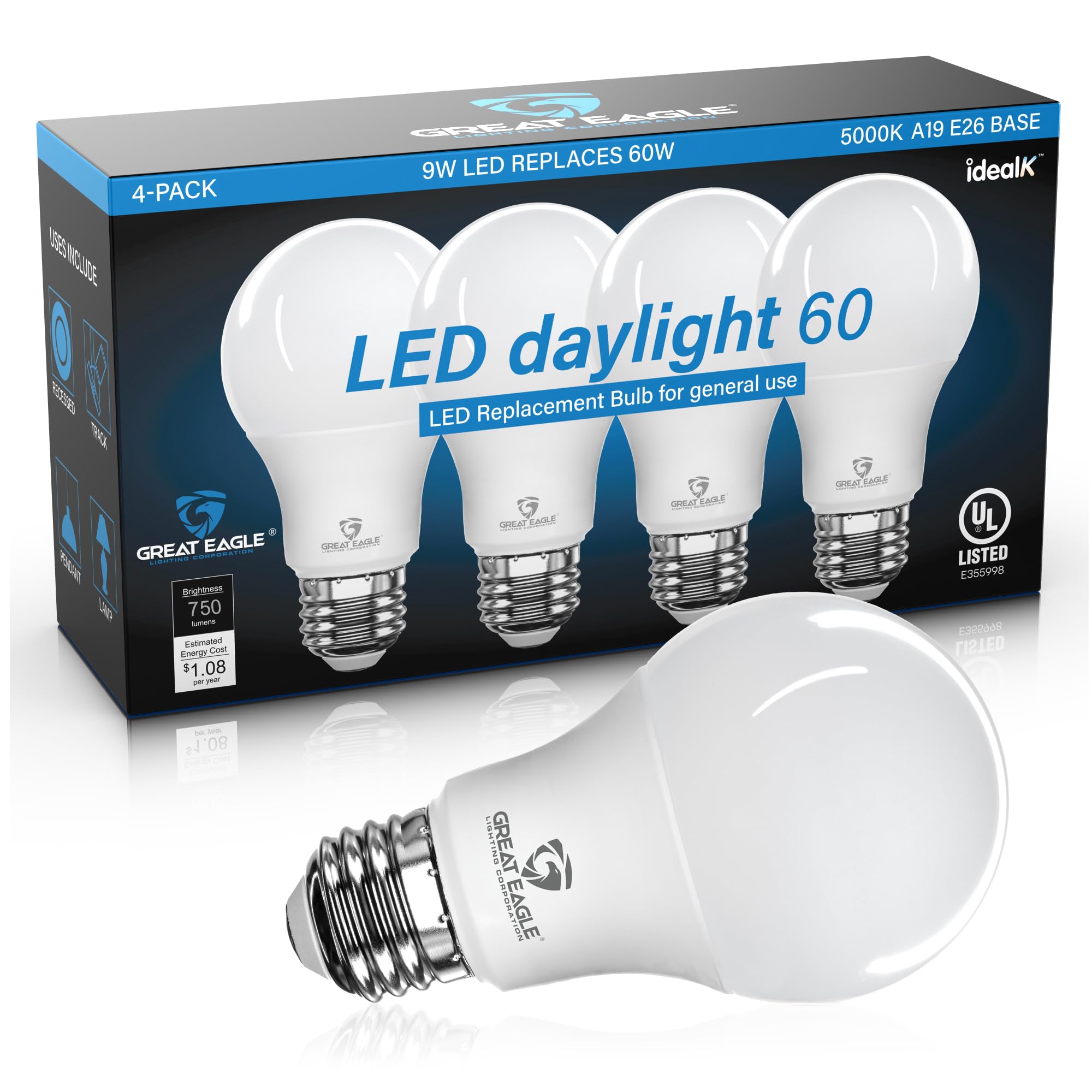 GREAT EAGLE LIGHTING CORPORATION A19 LED Light Bulb, 9W (60W Equivalent), UL Listed, 5000K (Daylight), 750 Lumens, Non-dimmable, Standard Replacement (4 Pack)