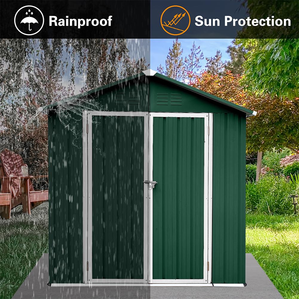 Outdoor Metal Storage Shed,4FTx 6FT Steel Utility Tool Shed Storage House with Door and Lock,Gable Sloping Roof Design Outdoor Storing Tools for Garden,Backyard Green+White