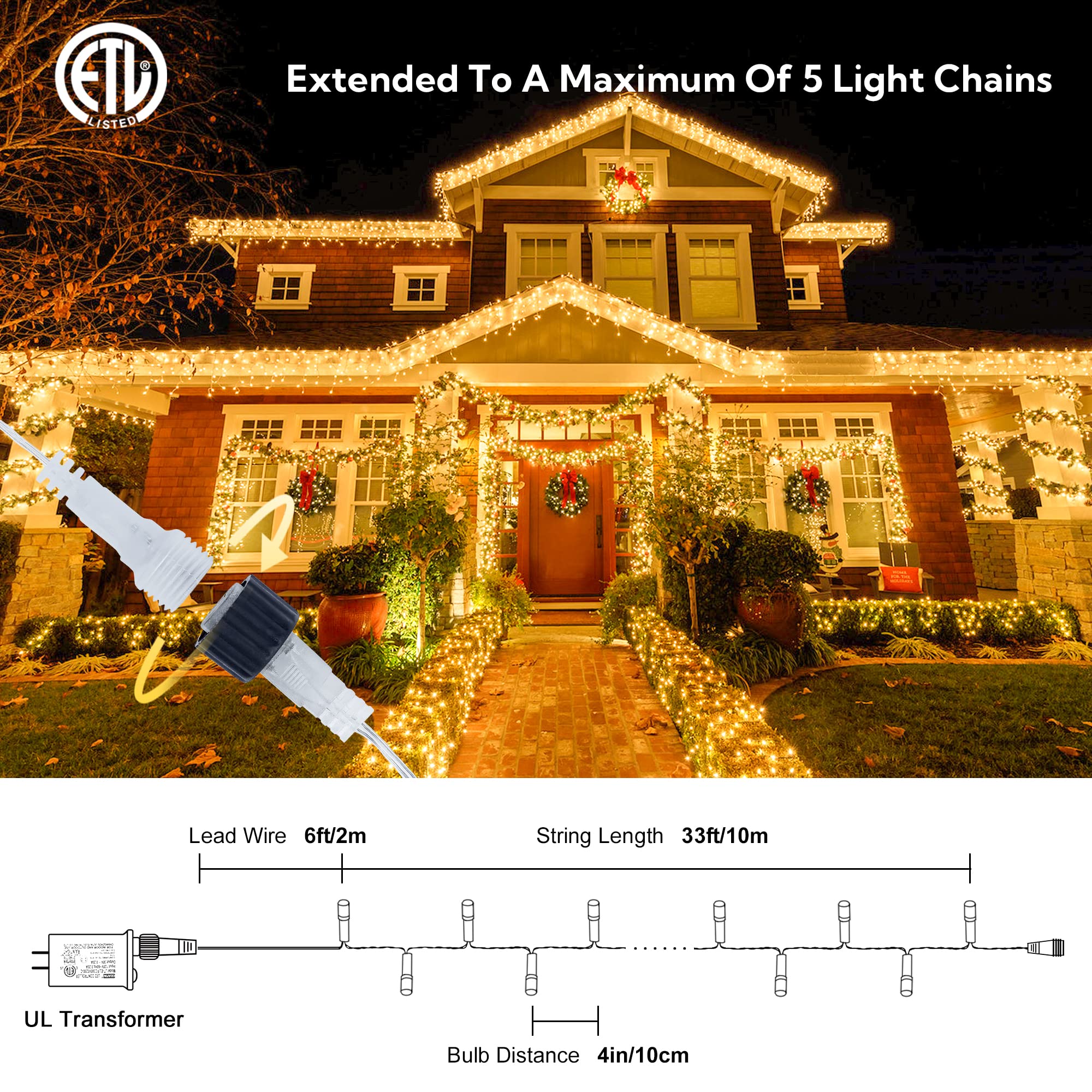 Fiee 39FT 100LED Warm White String Lights Indoor, 8 Modes Connectable Christmas Lights Outdoor Waterproof, 30V Plug in Christmas String Lights for Indoor Bedroom Christmas Garden Party Patio Decor