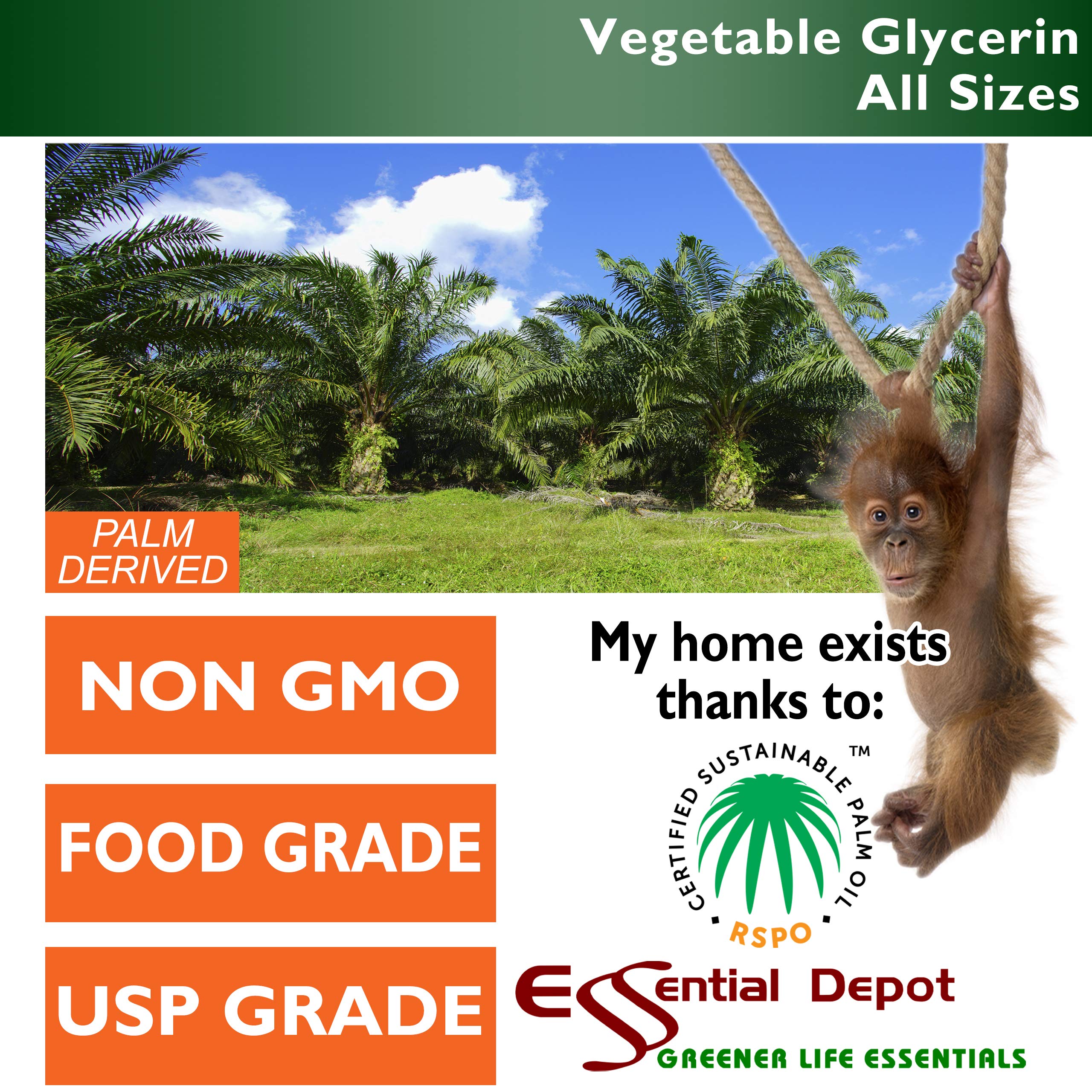 Glycerin Vegetable - 1 Quart (43 oz.) - Non GMO - Sustainable Palm Based - USP - Kosher - Pure - Pharmaceutical Grade - Safety Sealed HDPE Container with resealable Cap