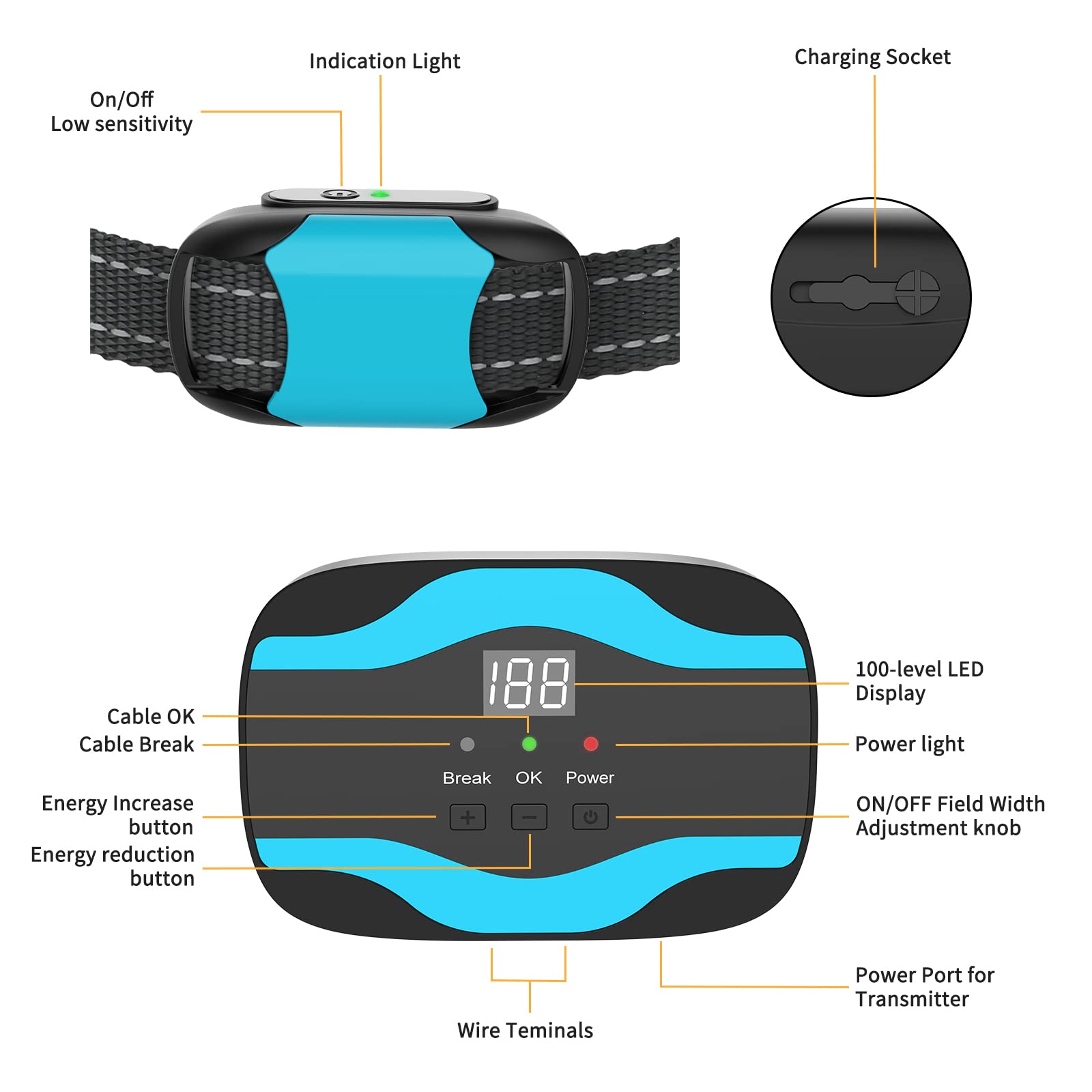 Electric Dog Fence, Wired Pet Containment System 656Ft Electric Fence for Dogs Adjustable Vibration & Rechargeable Underground/Aboveground 2 Waterproof Shock Training Collars Receiver Tone Correction