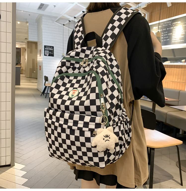 MININAI Cute Checkered Backpack Fit 15.6 Inch Laptop Checkerboard Light Academia Aesthetic Kawaii Preppy Y2k Backpack (Black,One Size)