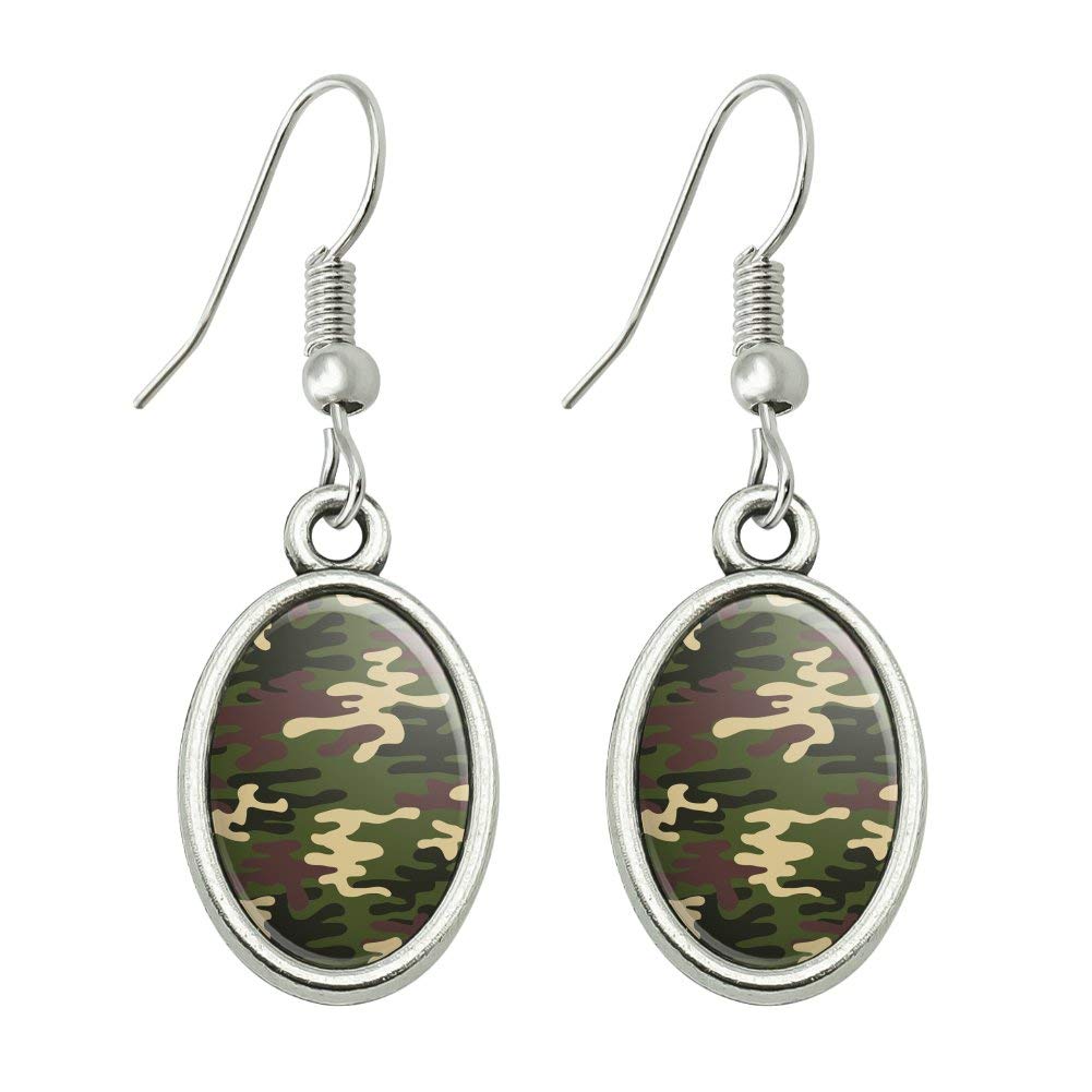 Green Camouflage Novelty Dangling Drop Oval Charm Earrings