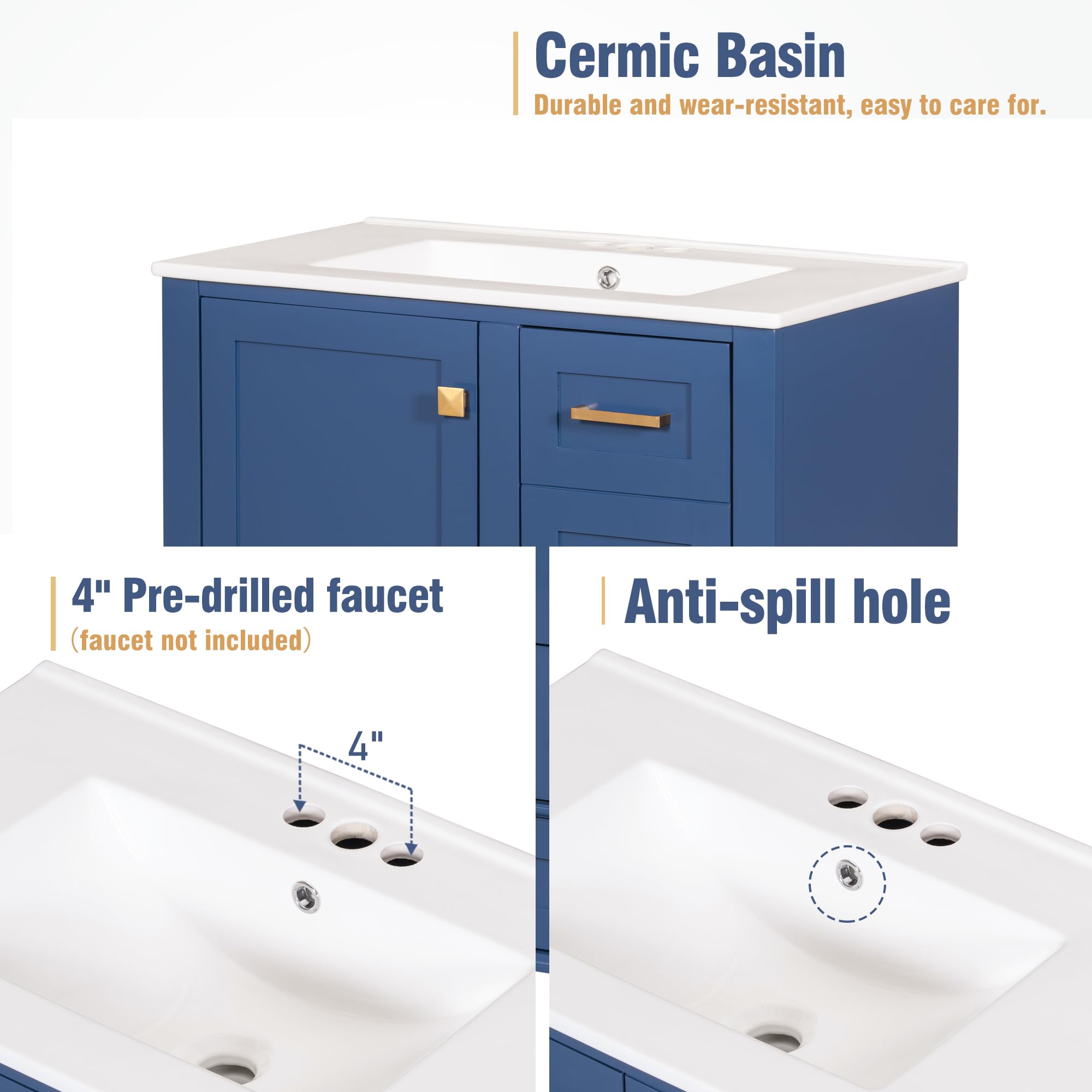 LostCat 30-inch Navy Bathroom Vanity with Sink - Solid Wood,Bathroom Vanity Cabinet with 2 Drawers + 1 Tip-Out Drawer,Soft Close Doors,Easy Assembly