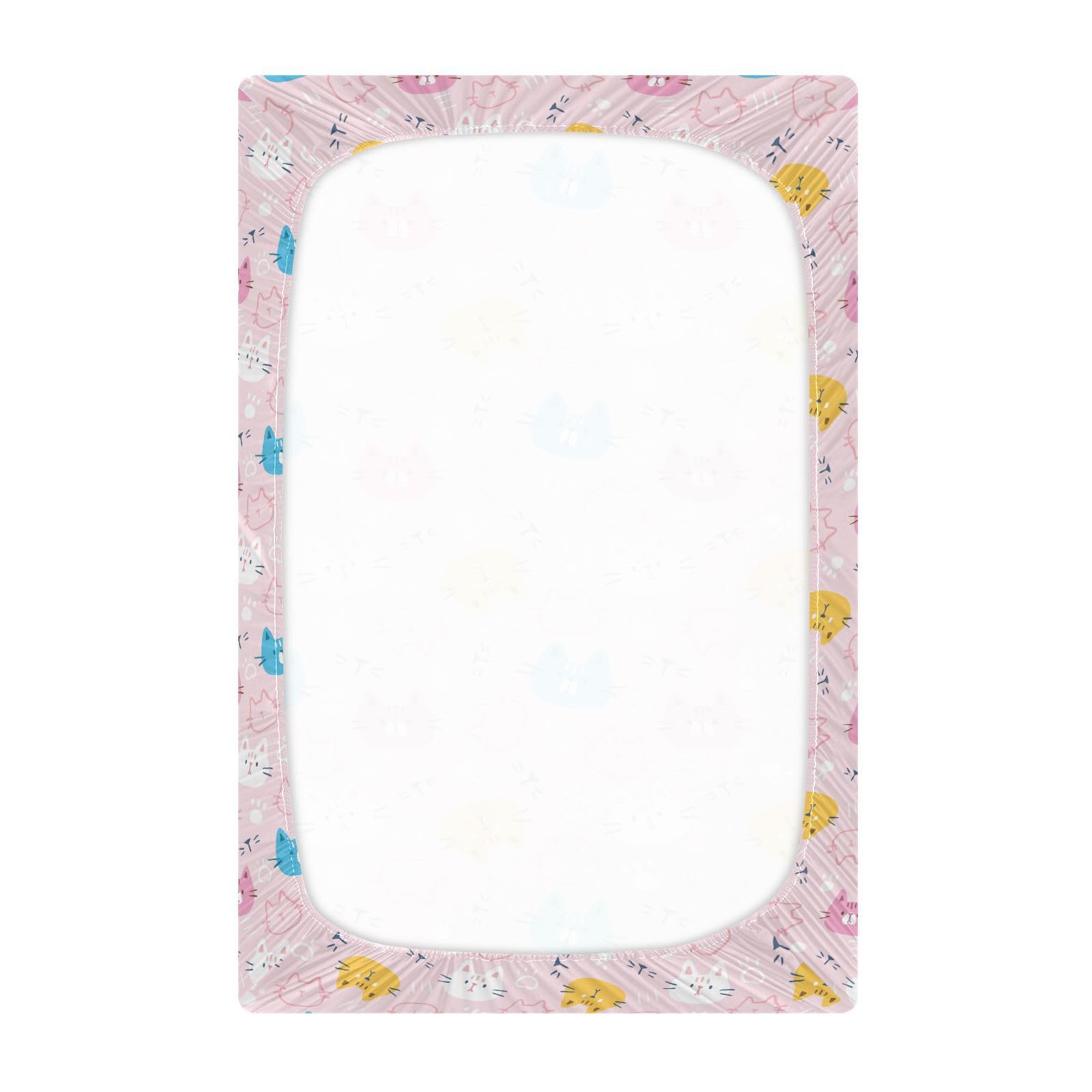 Kigai Cartoon Cat Face Pink Crib Sheets for Boys Girls, Soft and Breathable Pack n Play Sheets, Portable Mini Stretchy Cribs Sheets, 39x27 Inch