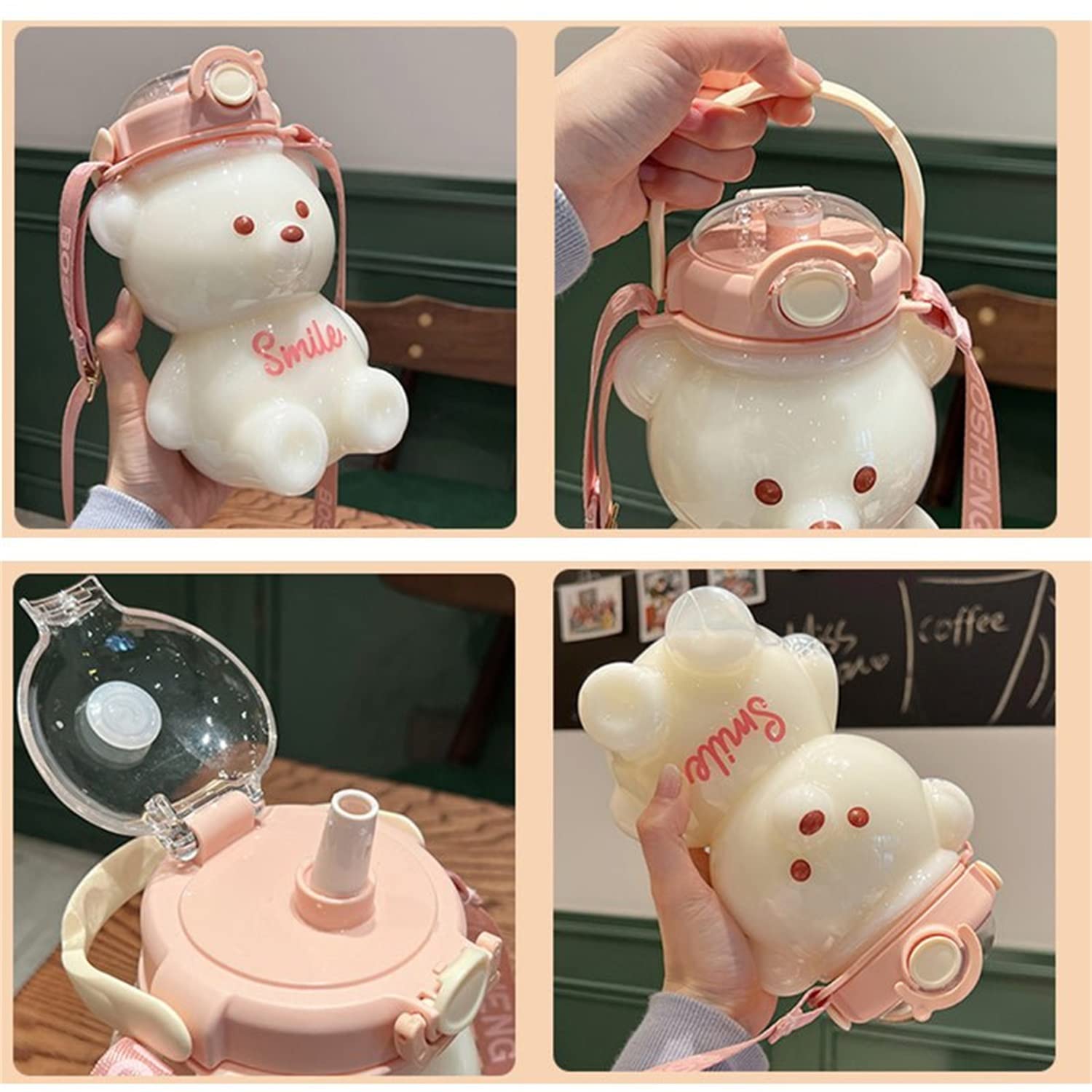 Kawaii Bear Straw Bottle, Cartoon Kids Water Bottle Bpa Free with Straw and Built in Carrying Loop, Adjustable & Removable Shoulder Strap, Made of Durable Plastic, Leak-Proof Design for Travel