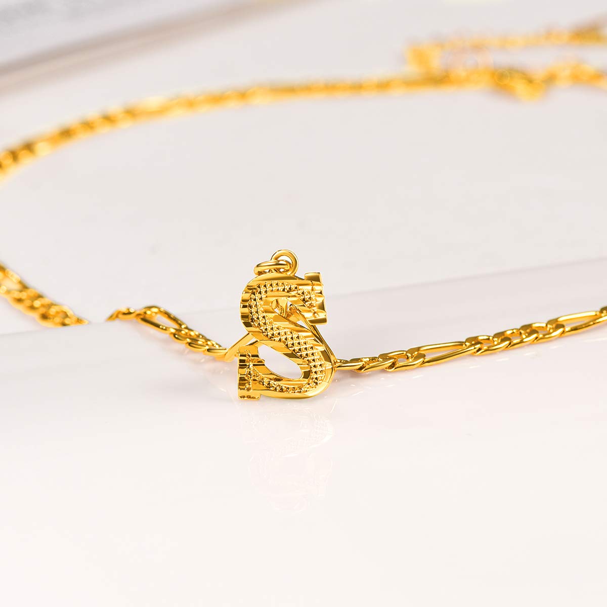 FOCALOOK Initial Necklace for Women Men Teens Letter C Pendant 14K Gold Plated Necklaces 18 Inch Figaro Chain (C)