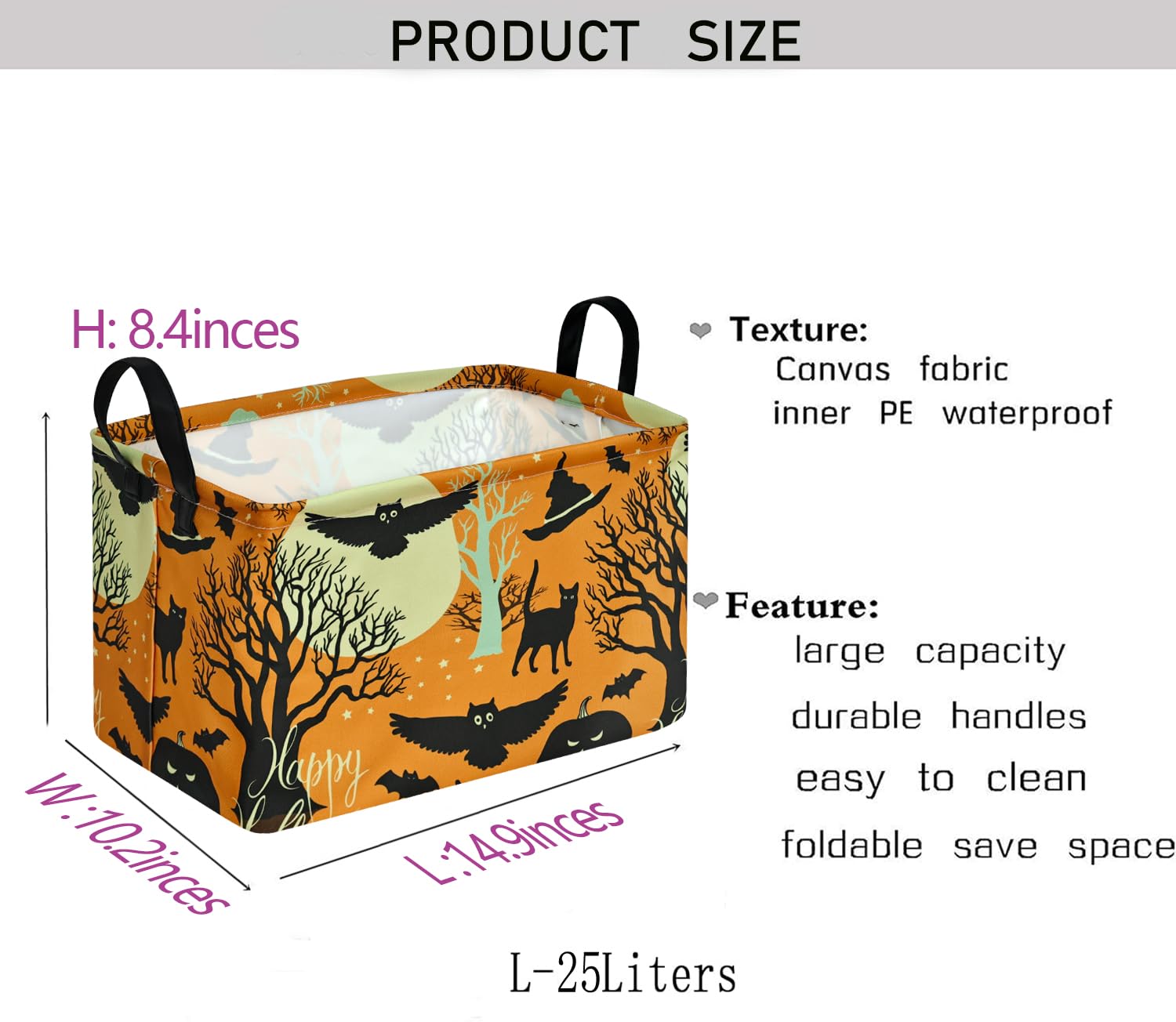 KUNRO Owl Pattern Halloween Storage Gift Basket Canvas Storage Bins with Handles Rectangle Storage Cubes Organizer for Bedroom Living Room