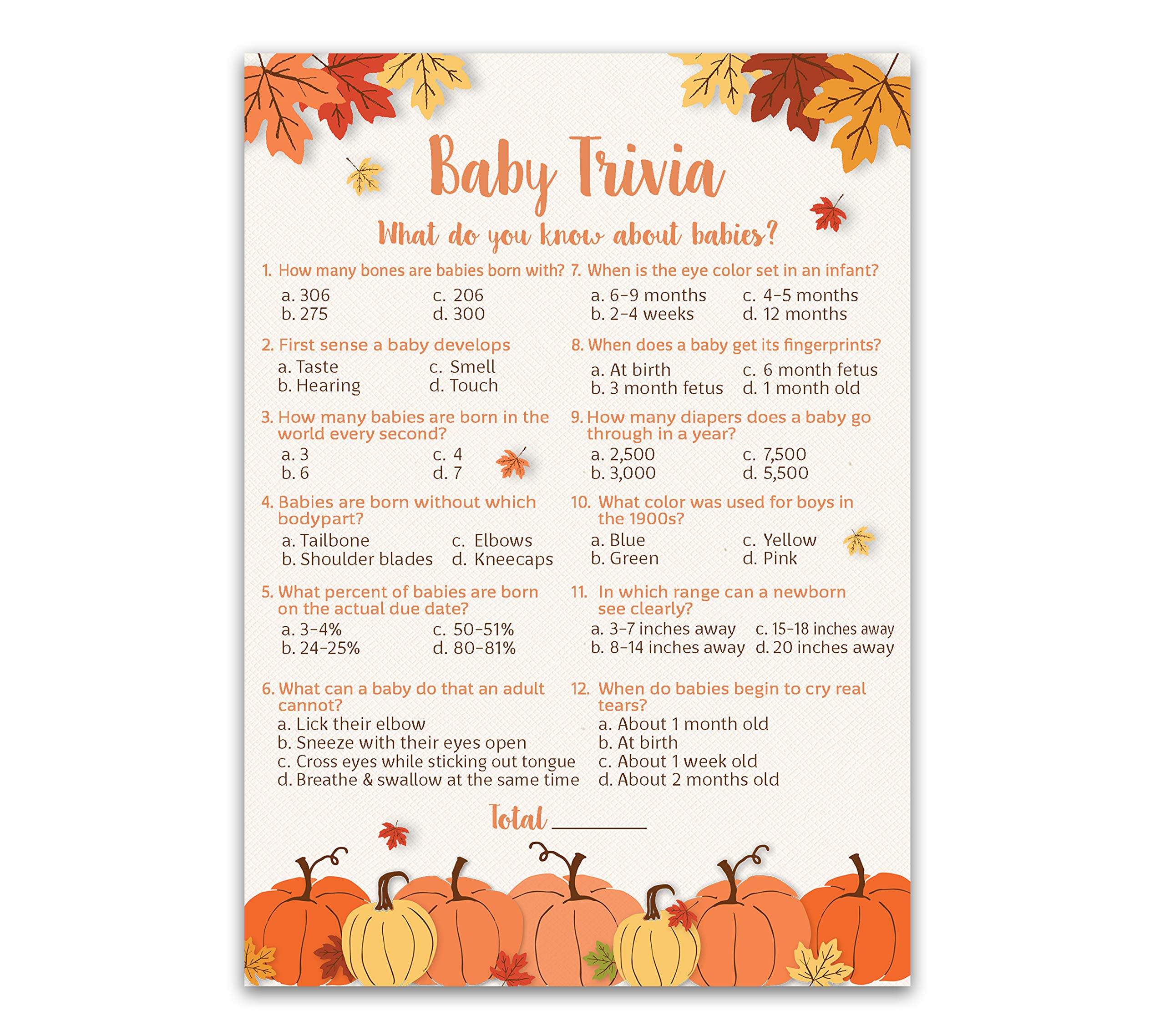 PUMPKINS Baby Shower Game, BABY TRIVIA Game — Pack of 25 — FALL Baby Shower Games, Rustic GENDER NEUTRAL Baby Shower Games, Little Pumpkin Autumn Fall Baby Halloween baby party games, SKU G330-TRV