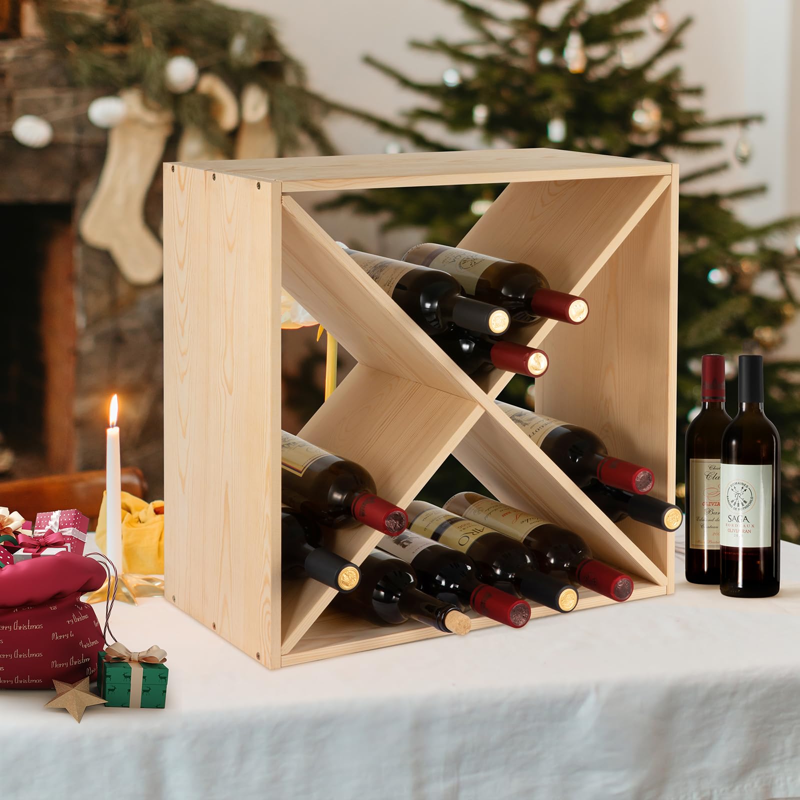 Dreamall 24 Bottle Wine Racks Solid Wood Stackable Storage Rustic Retro Cube Wooden Wine Rack Wine Cabinet Kitchen Decor Wood Display,Natural
