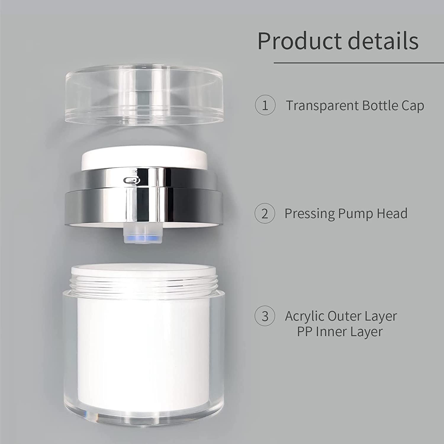 KOSIMI 2PCS Airless Pump Jar, Airless Pump Bottles, Moisturizer Container Used for Lotions, Creams, And Makeup, Travel Containers Push Down Pump Dispenser (1oz / 30ml)