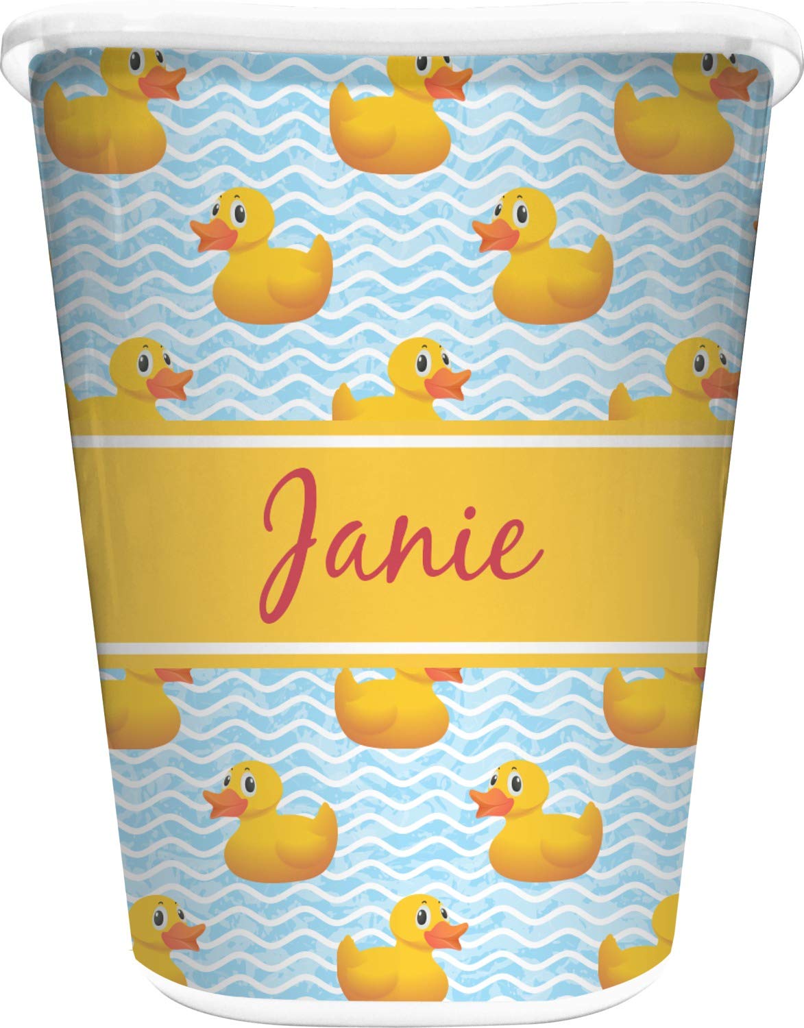 RNK Shops Personalized Rubber Duckie Waste Basket - Double Sided (White)