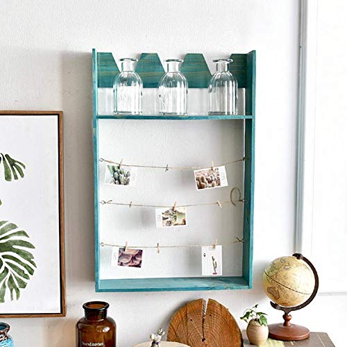 PIBM Stylish Simplicity Shelf Wall Mounted Floating Rack Shelves American Style Solid Wood Photo Retro Multifunction Message Wall Green Plant, Blue , 40X8.5X60CM