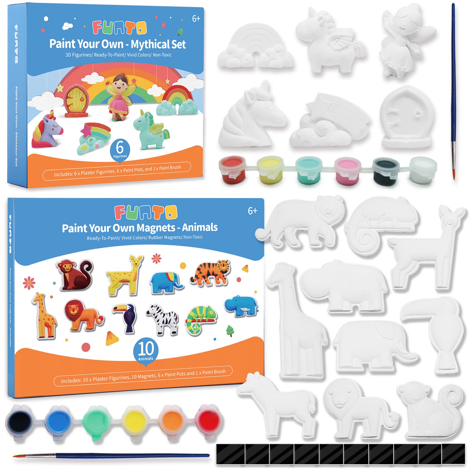 Funto Paint Your Own Unicorn and Animal, 16 Figurines Arts and Crafts Set for Kids, Ceramics to Paint, STEAM Projects Creative Activity DIY Toys Gift for Boys & Girls Age 3+, with Paint & Brushes