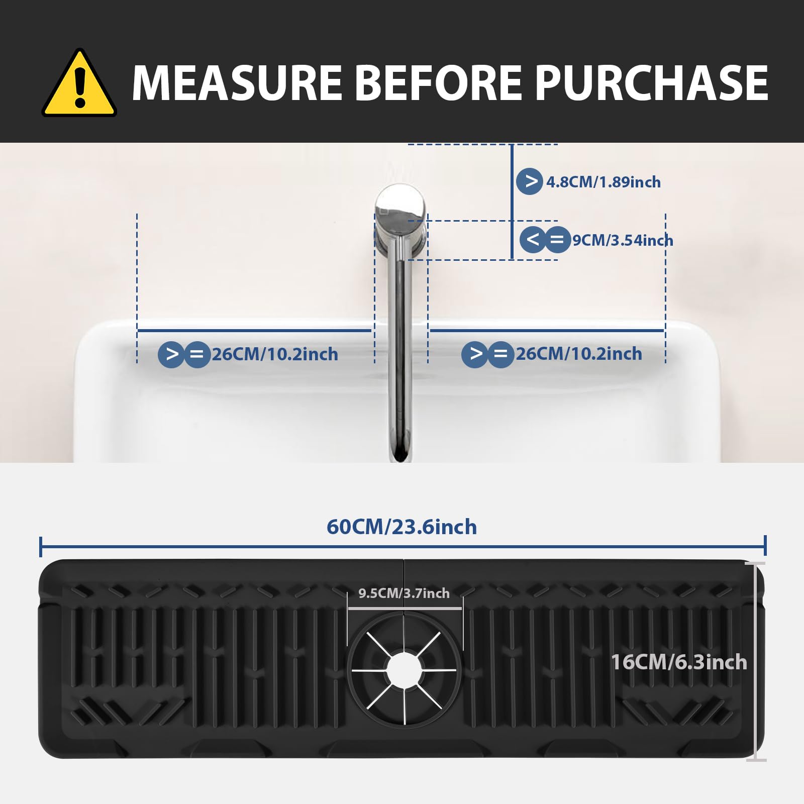 KEEGOP Kitchen Sink Splash Guard,Silicone Draining Mat for Kitchen Sink Protectors for Kitchen Must Haves, 5° Slope 4 Spouts & 90° Foldable Design for Easier Draining(Black 23.6"x 6.3")