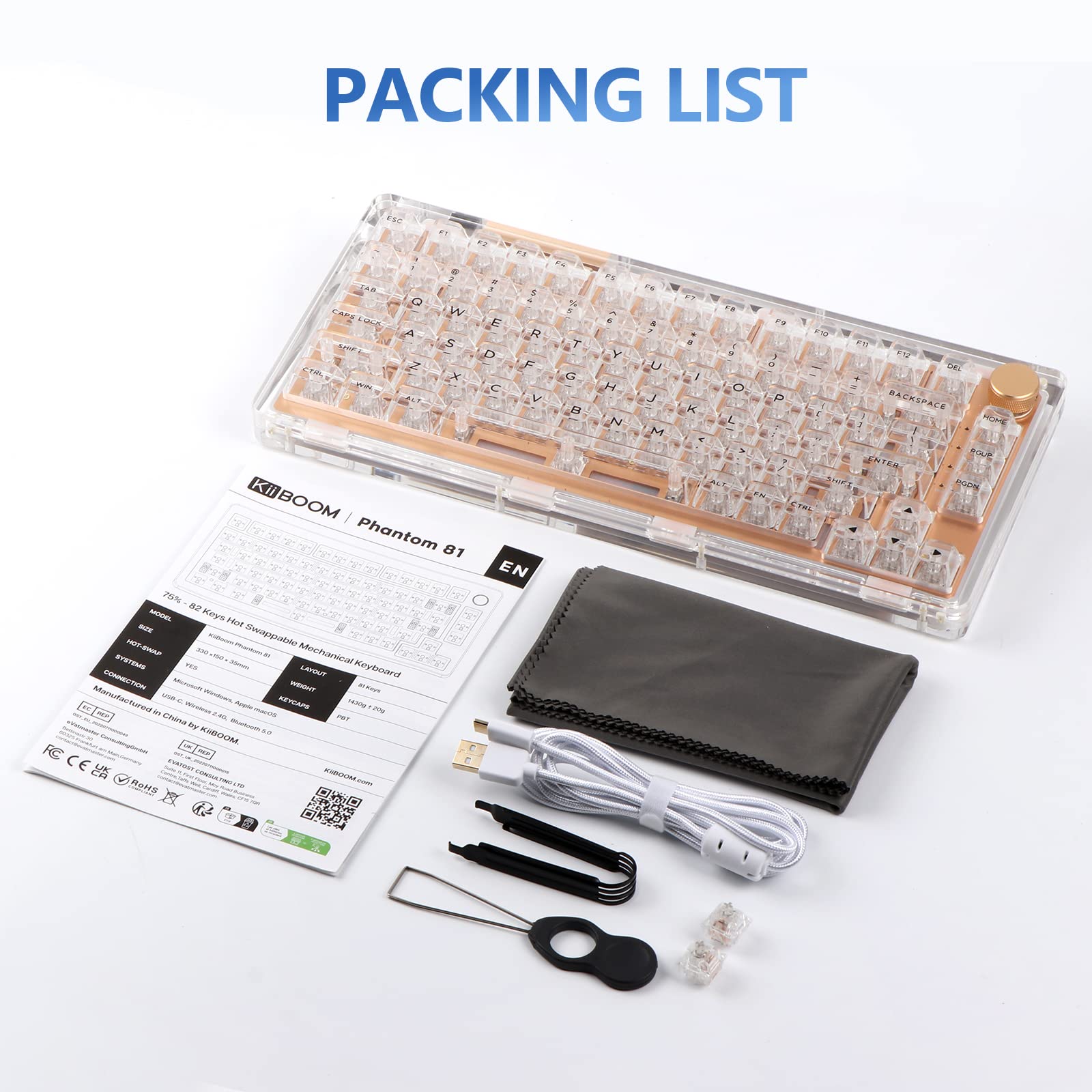 KiiBoom Phantom 81 75% Hot Swappable Gasket-Mounted Mechanical Keyboard, BT5.0/2.4GHz/USB-C Wired Wireless NKRO Gaming Keyboard with South-facing RGB, Clear Keycaps, 4000mAh Battery for Win/Mac
