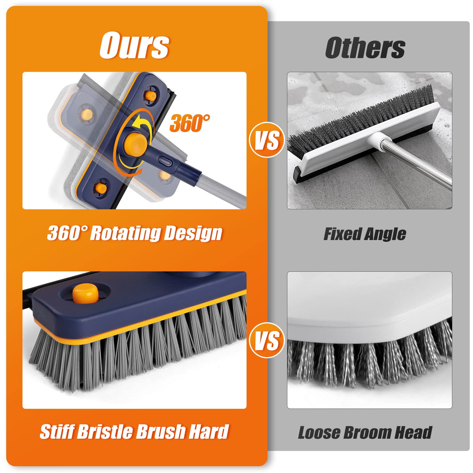 MARSBASE Floor Scrub Brush, 4 in 1 Shower Scrubber with 58" Long Handle, Stiff Bristle Tub Tile Cleaning Brush, No Scratch Multi-use Household Brush for Bathroom, Glass, Tile, Bathtub, Wall, Kitchen