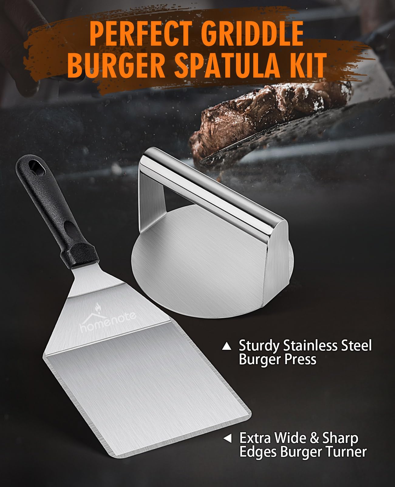 HOMENOTE Burger Spatula Set, Hevry-Duty Extra Large Hamburger Spatula with Burger Press, Professional Smash Burger Kit, Griddle Accessories for Flat Top Griddle Grill