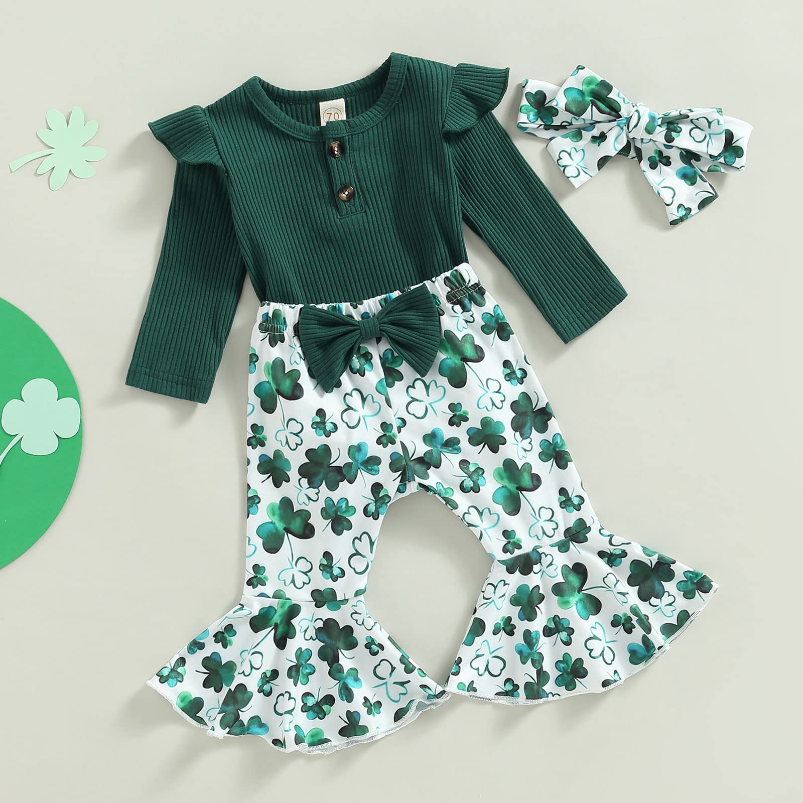 Newborn Infant Baby Girl St Patrick Day Clothes Long Sleeve Knitted Romper Clover Print Bell Bottom Pants Outfit Set (Green, 3-6 Months)