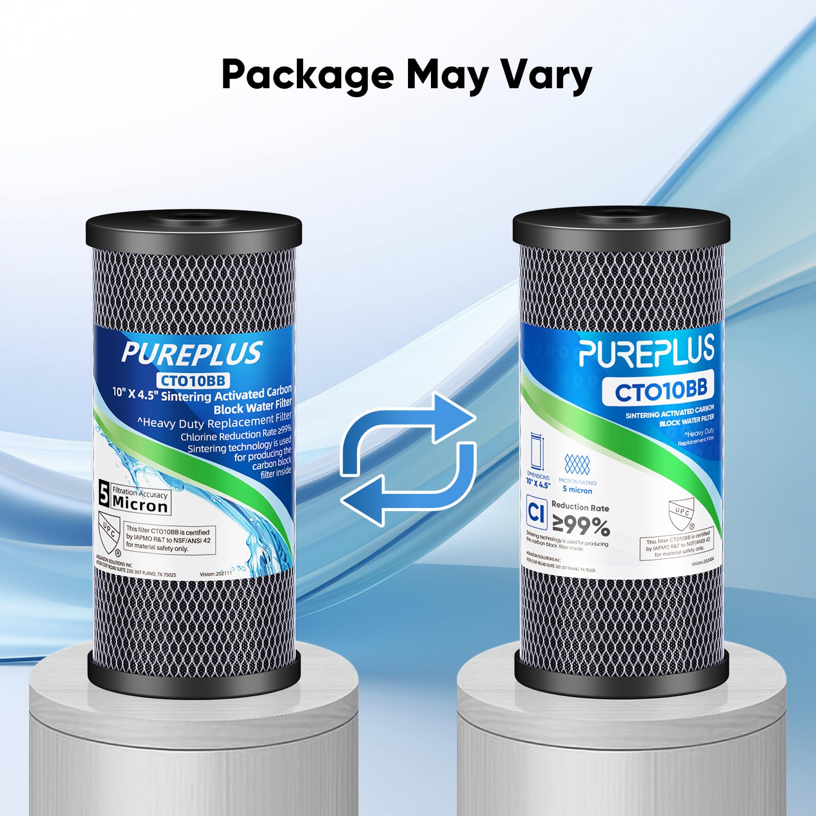 PUREPLUS Coconut Shell Water Filter Cartridge | Activated Carbon Block CTO | Universal Whole House 5 Micron 10 inch Cartridge | Compatible with WFHDC8001, CB-BB-10, EPM, EP-BB, 3Pack