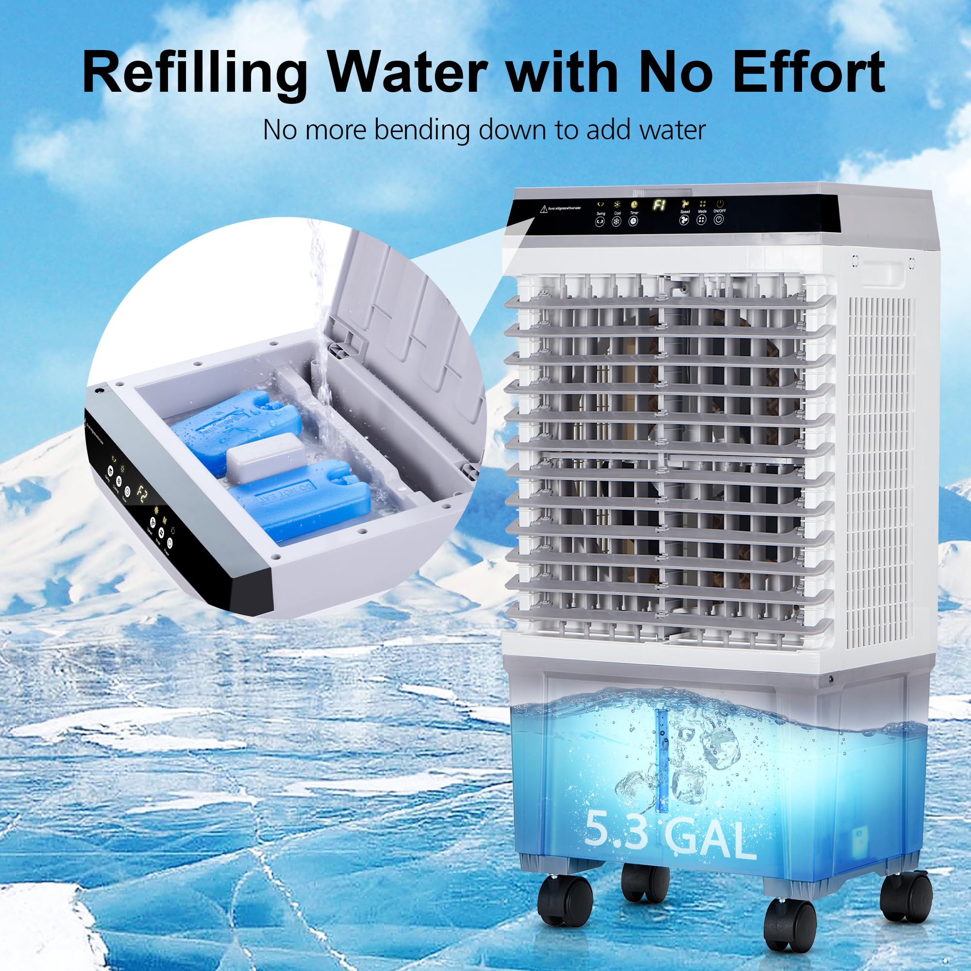 KEGIAN Evaporative Air Cooler, Swamp Cooler with 5.3 Gallon Water Tank, Remote Control, 12H Timer, 3 Modes & Speeds, 110° Oscillation, Portable 3-IN-1 Cooling Fan for Bedroom Home Office (Grey)