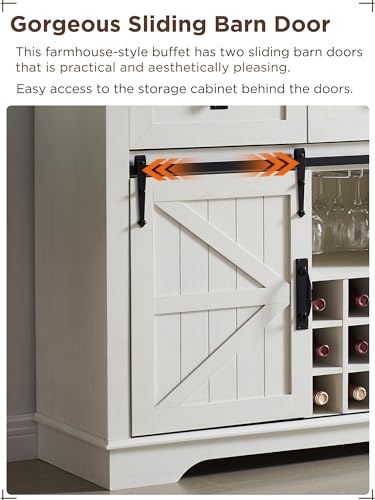OKD Farmhouse Buffet Cabinet with Storage, 54" Sideboard with 3 Drawers, Sliding Barn Door, Wine and Glass Rack, Storage Shelves, Liquor Coffee Bar Cupboard for Kitchen, Dining Room, Antique White