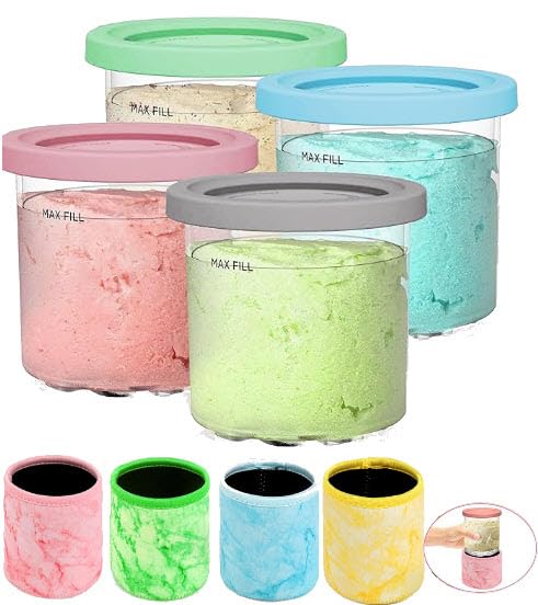 Ninja Creami Pints, Compatible with NC299AMZ & NC300s Series Creami Ice Cream Makers, BPA-Free & Dishwasher Safe, (4 count pack1) Plus 4 FREE Koozies