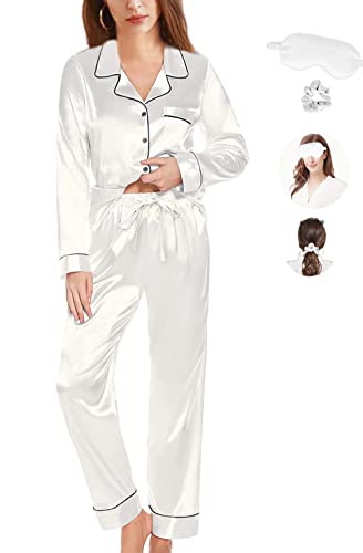 WJing Yi Jia Womens Pajama Set Silk Satin Pajamas Long 2pc Pjs Button Down Sleepwear Pj Set Loungewear White