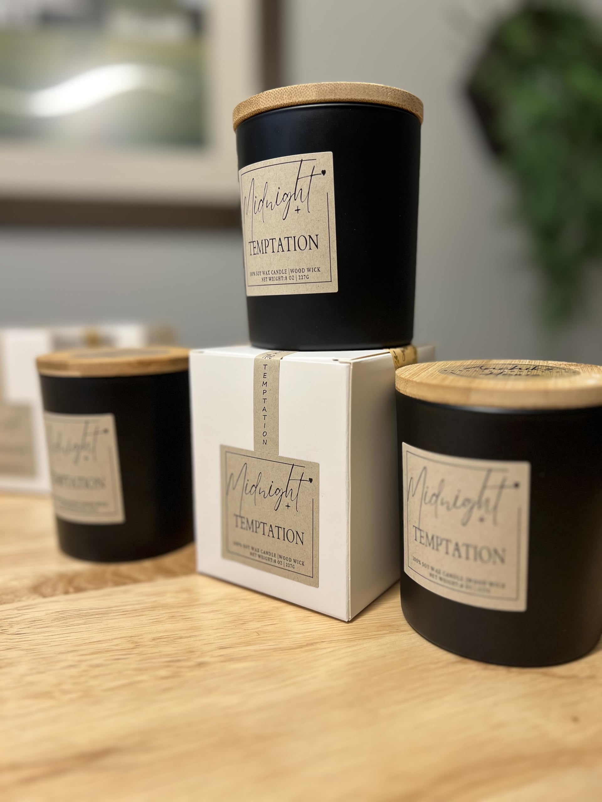 Midnight Temptation Luxury Scented Candle | 8 oz 100% Soy Wax | Wood Wick | Black Jar | Rich Channel, Wood, & Tobacco Caramel Notes | Fall Candle Collection