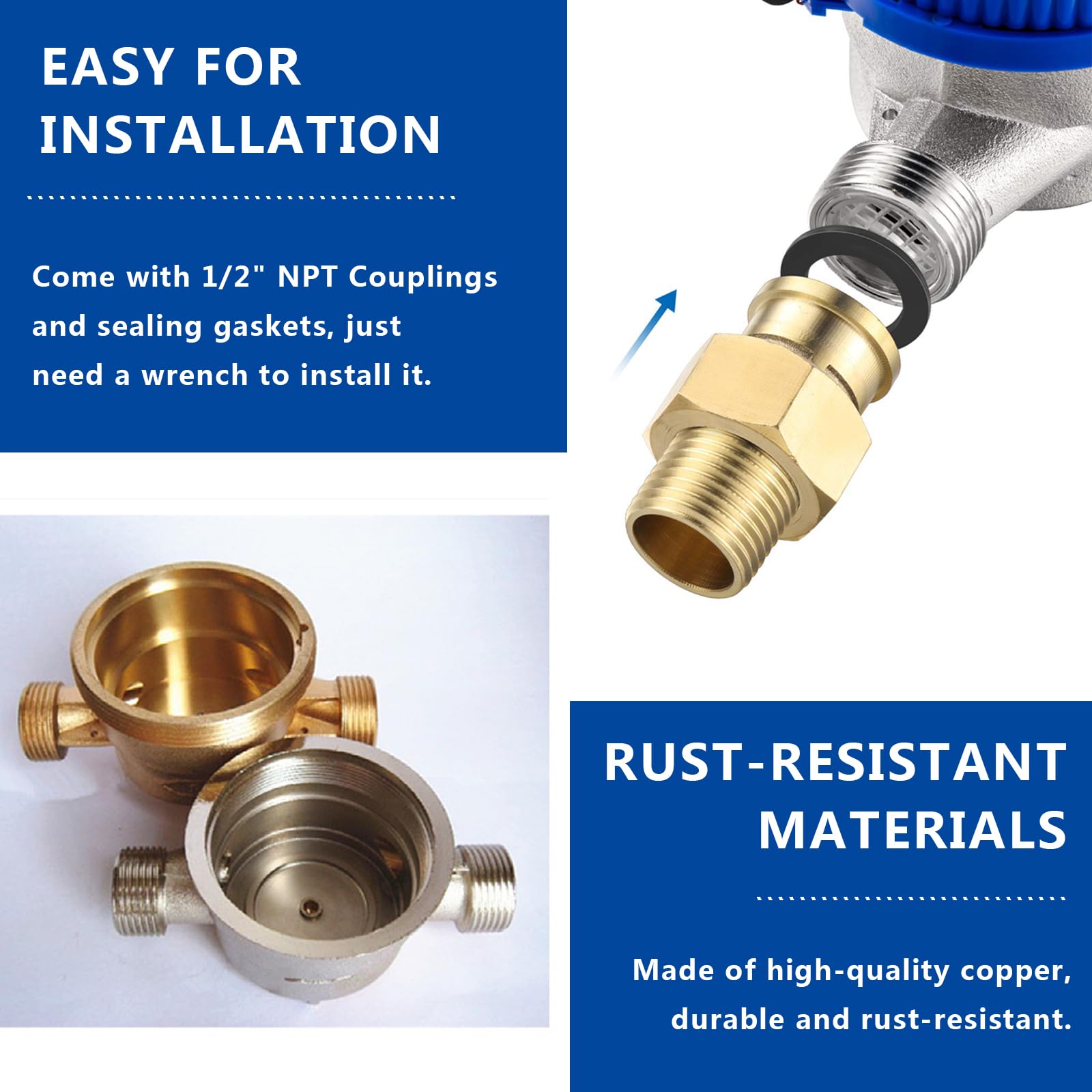LEADWIN Water Metal, Flow Meter, DN15, 1/2" NPT Couplings, Accurate Long Time Cold Water Meter, for Garden and Home Use
