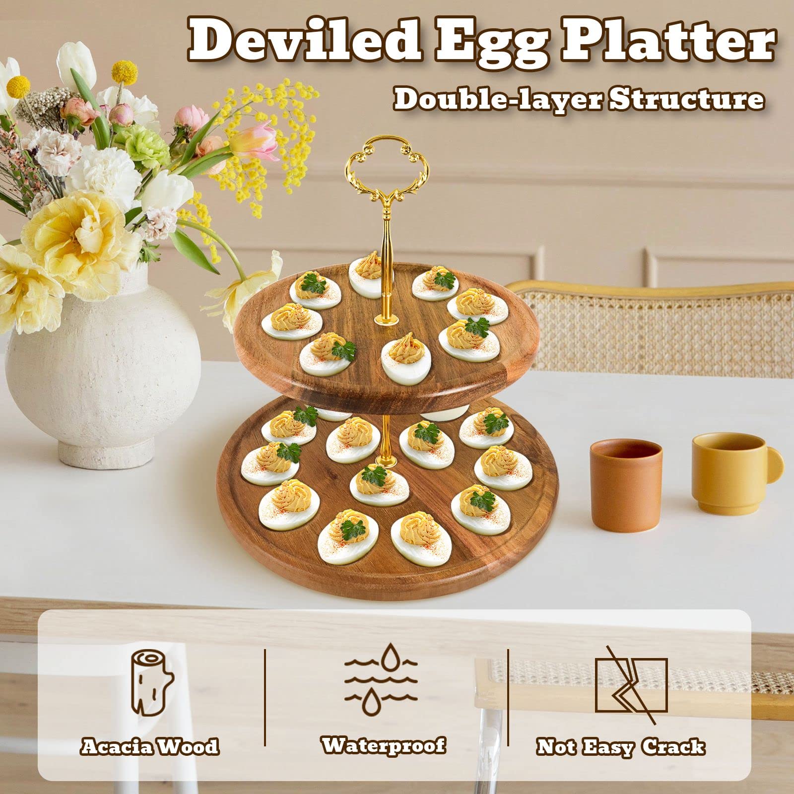 Honitra Double Wooden Deviled Egg Platter, 22 Holes Deviled Egg Plate, Reversible Deviled Egg Tray, Front as Easter & Thanksgiving Deviled Egg Container, Back as Cupcakes Stand & Serving Tray