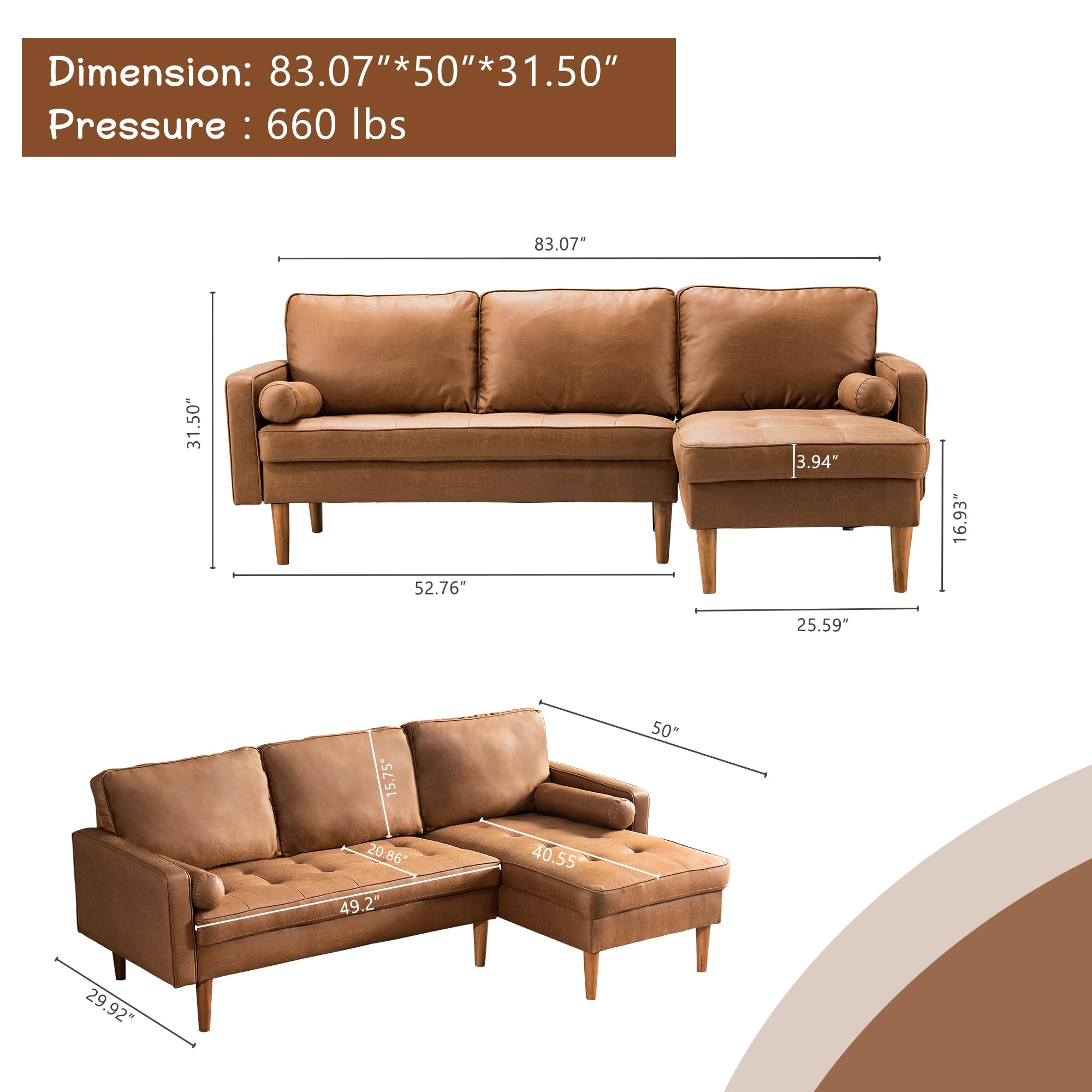 ovios 83" L-Shape Sofa Couch with Chaise, Suede Leather Couches with Comfy Cushions, Minimalism Deep Seat Cloud Sofas for Living Room Apartment, Right Chaise, Brown