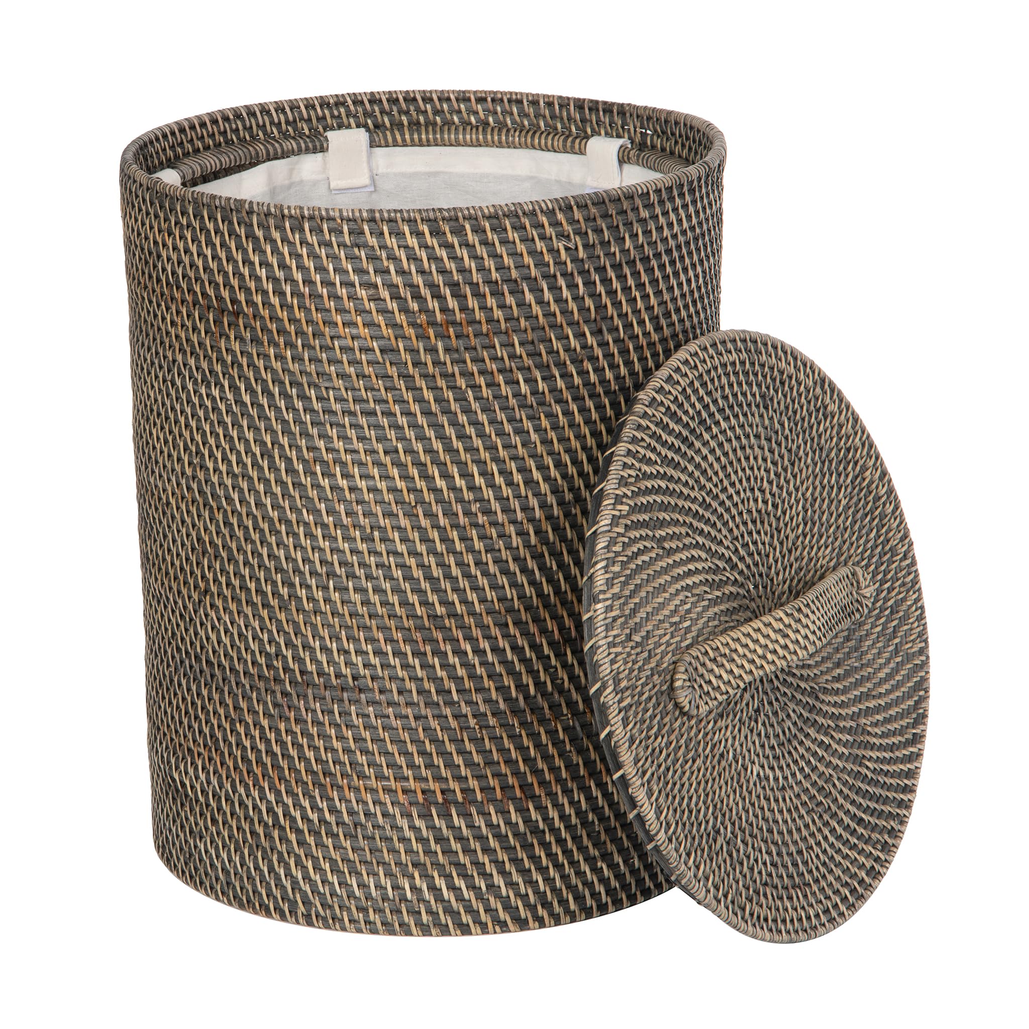 KOUBOO Round Rattan Laundry Hamper with Removable Liner and Lid - Coastal, Natural Decor Style - Small Size for Apartment Living - Stylish Addition for Your Home -18 in. height, Black-Wash