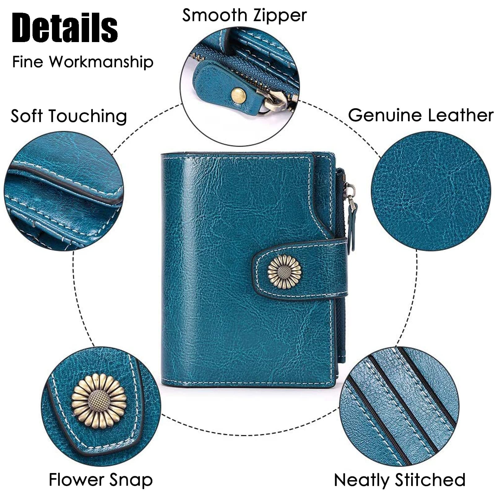 KELEEL Small Wallet for Women RFID Blocking Genuine Leather Bifold Wallet Zipper Coin Pocket Credit Card Holder Purse with ID Window