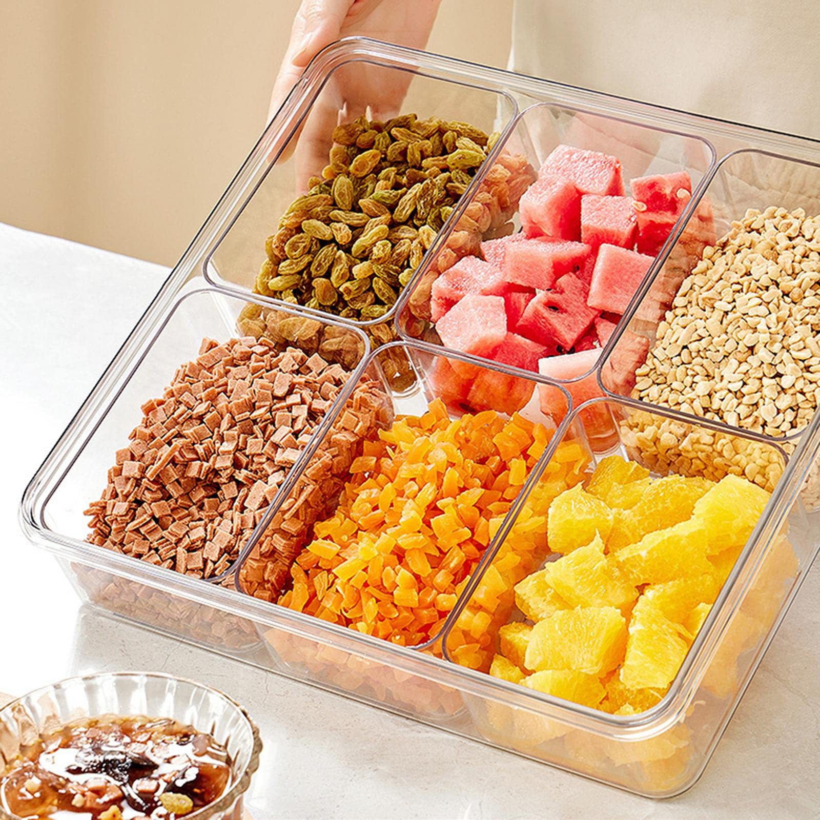 KLKCMS Snack Container Divided Food Storage Container Clear 6 Grids with Handle Lid, Divided Seasoning Box, Dried Fruit Plate for nuts Cookies