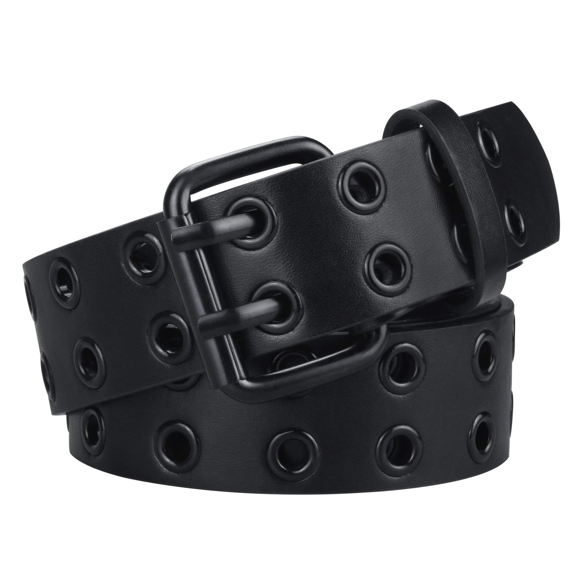 Grommet Leather Belts for Women, Double Prong Buckle Vintage Punk Jeans Belts