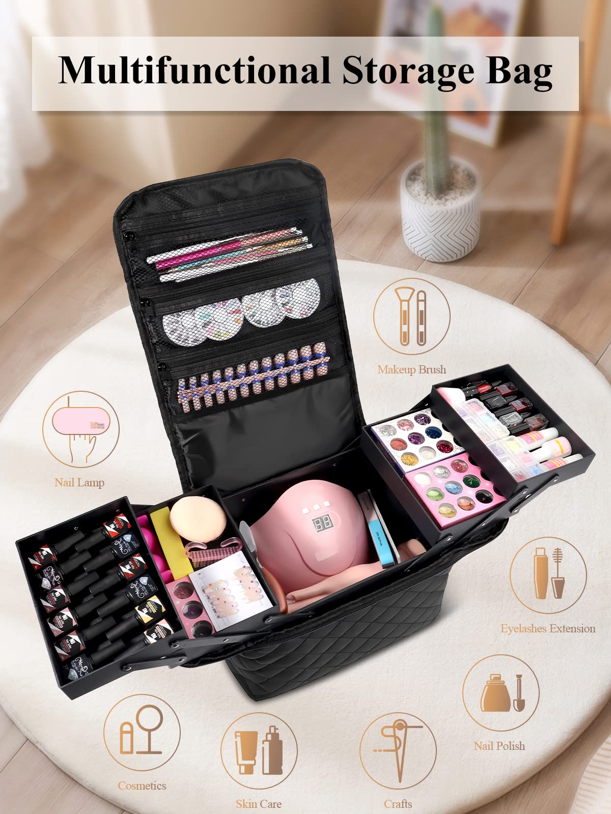 Large Nail Supply Organizers and Storage for Nail Tech, 4 Trays Nail Polish Organizer Travel Bag, Makeup Train Case Professional for Crafter Tools, Cosmetologist, Makeup Tools Organizer Case