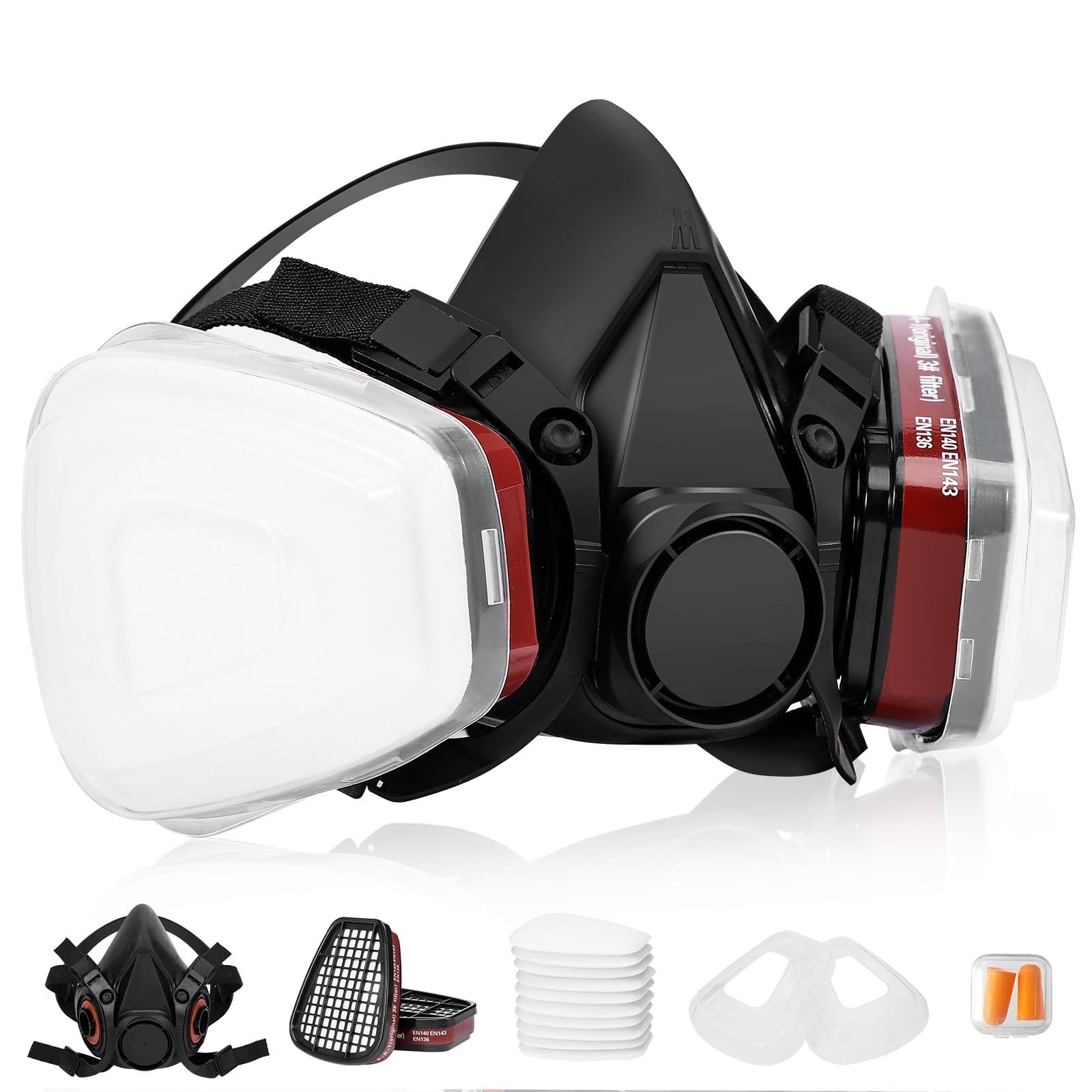 LQIQIZ Chemical Respirator Mask w/Filter - Reusable Half Face Dust Respirator Gas Mask for Spray Paint Organic Vapor Welding (6200+6001 Black)