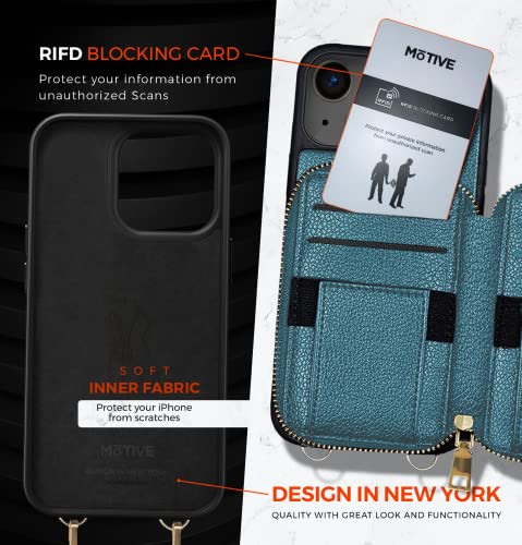 MOTIVE for iPhone 14 Plus Wallet Case Designed in New York, Crossbody Phone Case for Apple iPhone, Zipper Purse Case Wallet with RFID Blocking Card Holder | 6.7" Color Blue Teal - Fancy Series