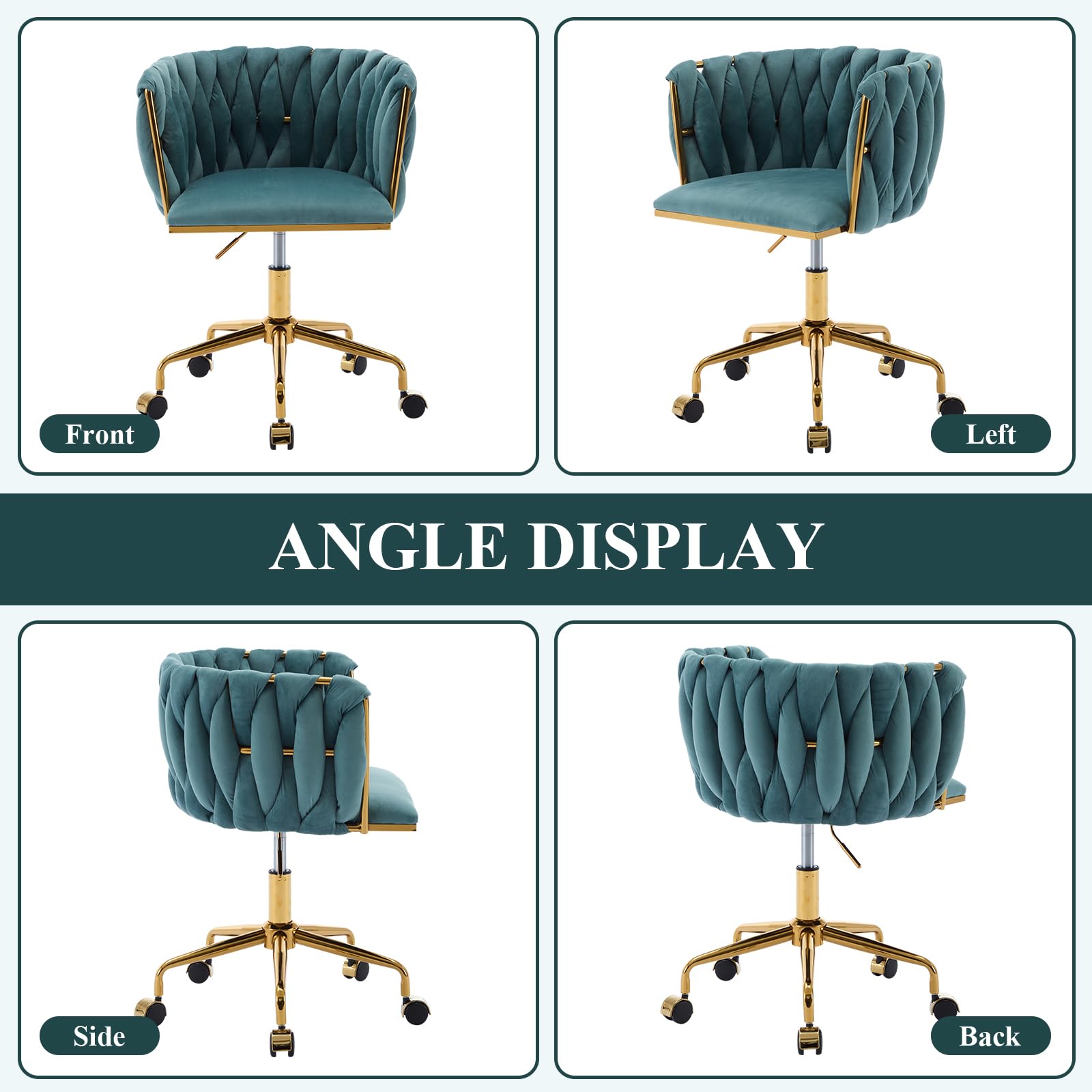 NIOIIKIT Office Chair, Adjustable Swivel Desk Chair with Woven Back, Velvet Upholstered Computer Chair with Wheels, Modern Makeup Chair for Office,Living Room